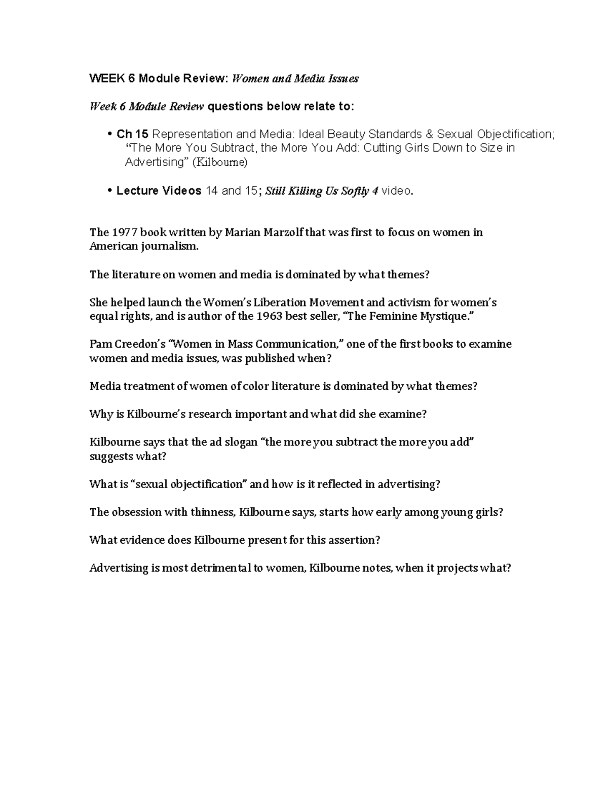 460 Wk6 Module Review - WEEK 6 Module Review: Women and Media Issues ...