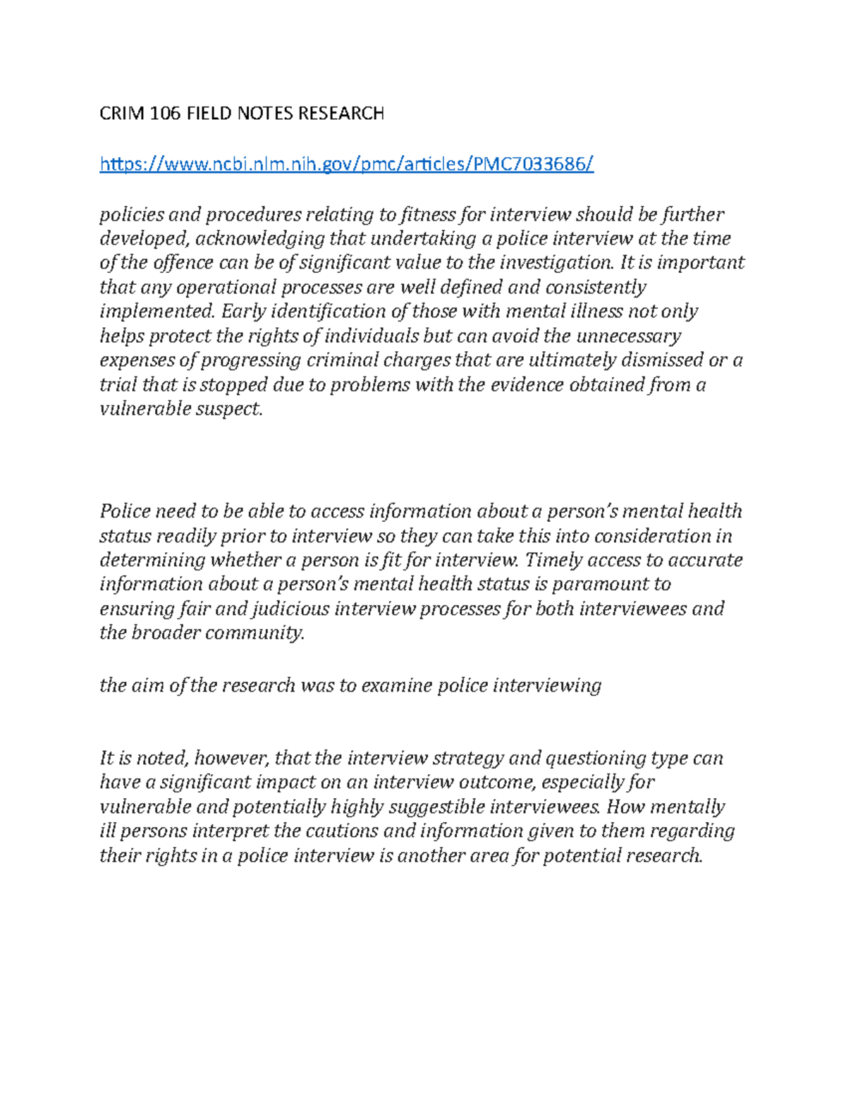 CRIM 106 Field Notes Research - CRIM 106 FIELD NOTES RESEARCH ncbi.nlm ...