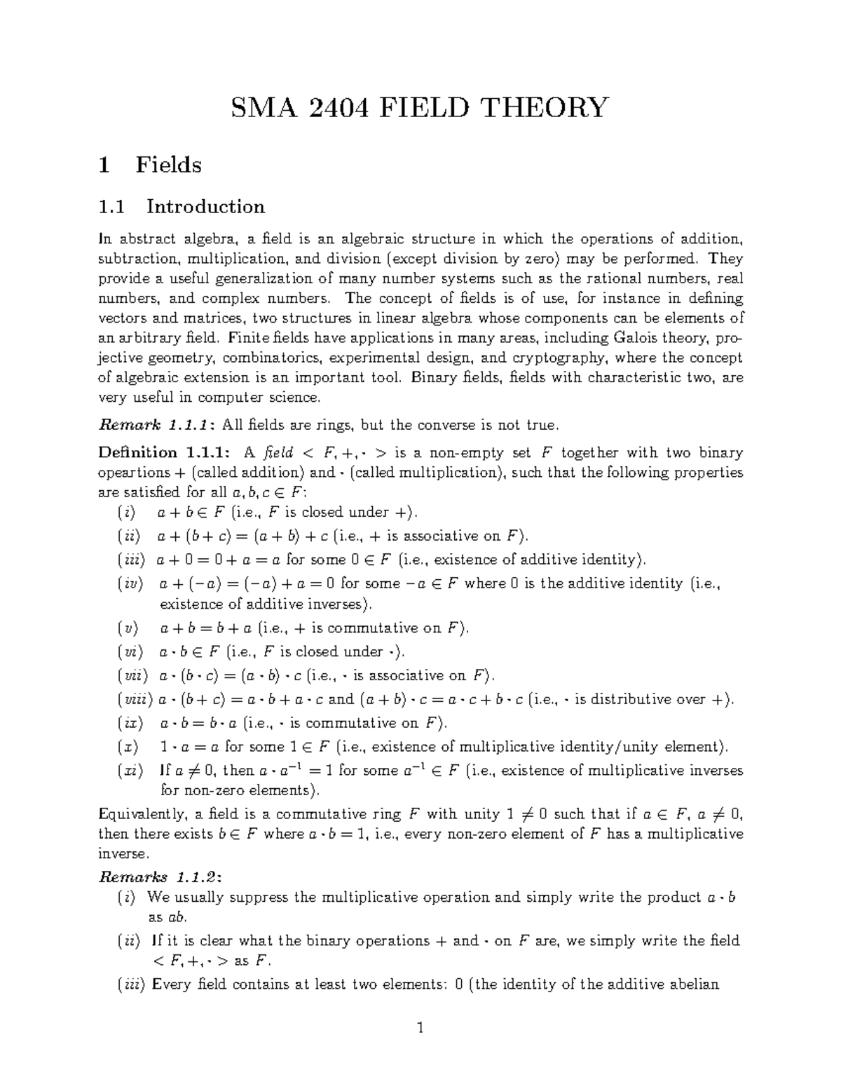 SMA 2404 Field Theory Notes - SMA 2404 FIELD THEORY 1 Fields 1 ...