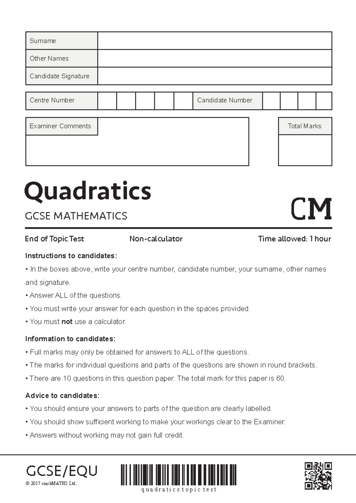 Mathspractice - Practice questions - Quadratics GCSE MATHEMATICS End of ...