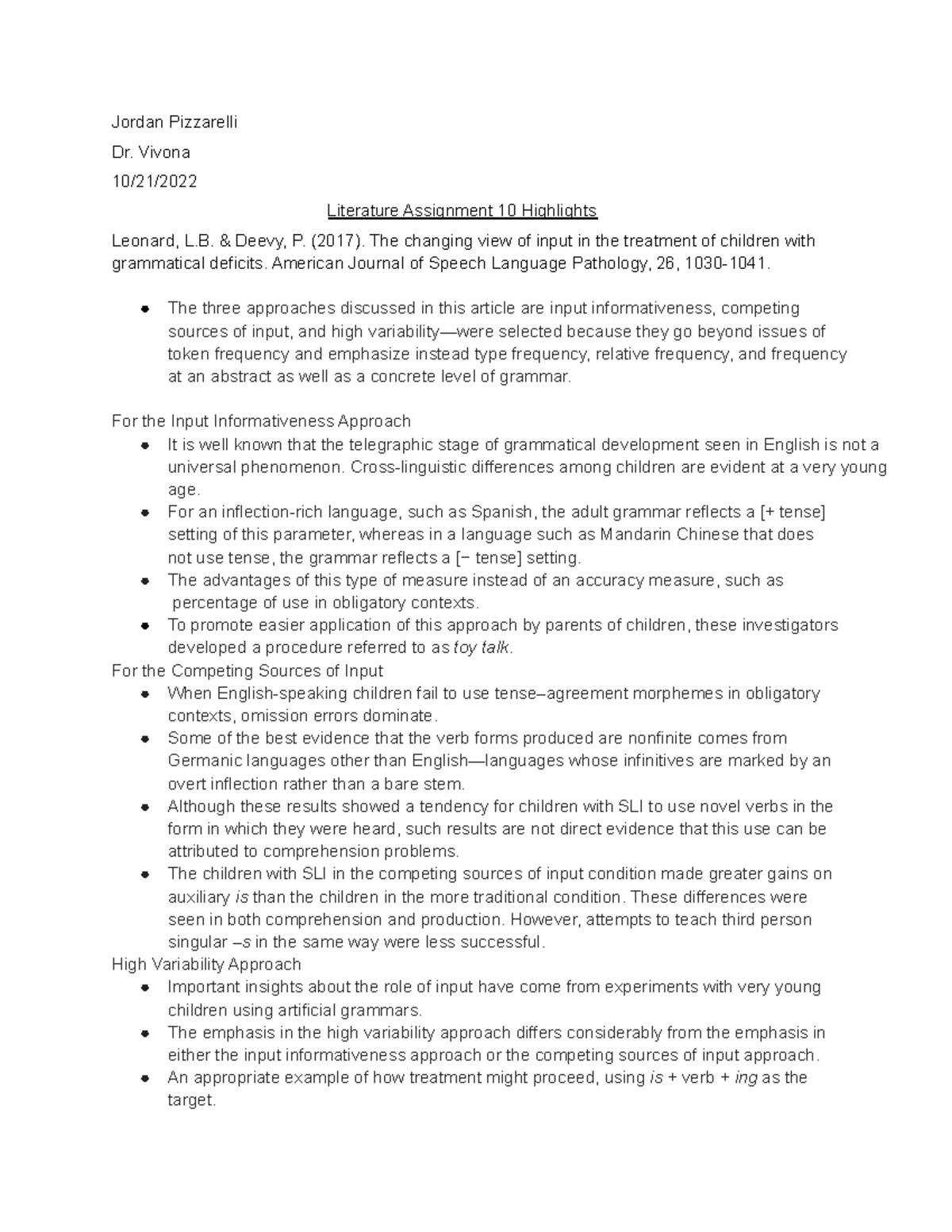 Dr. Vivona Lit assignment 3 - Jordan Pizzarelli Dr. Vivona 10/21/ Literature Assignment 10 - Studocu