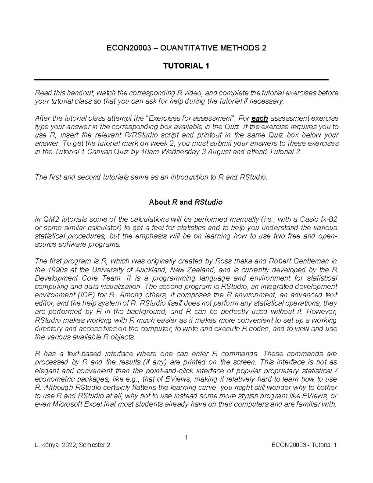 Tutorial 1 - 1 ECON20003 – QUANTITATIVE METHODS 2 TUTORIAL 1 Read this handout, watch the - Studocu