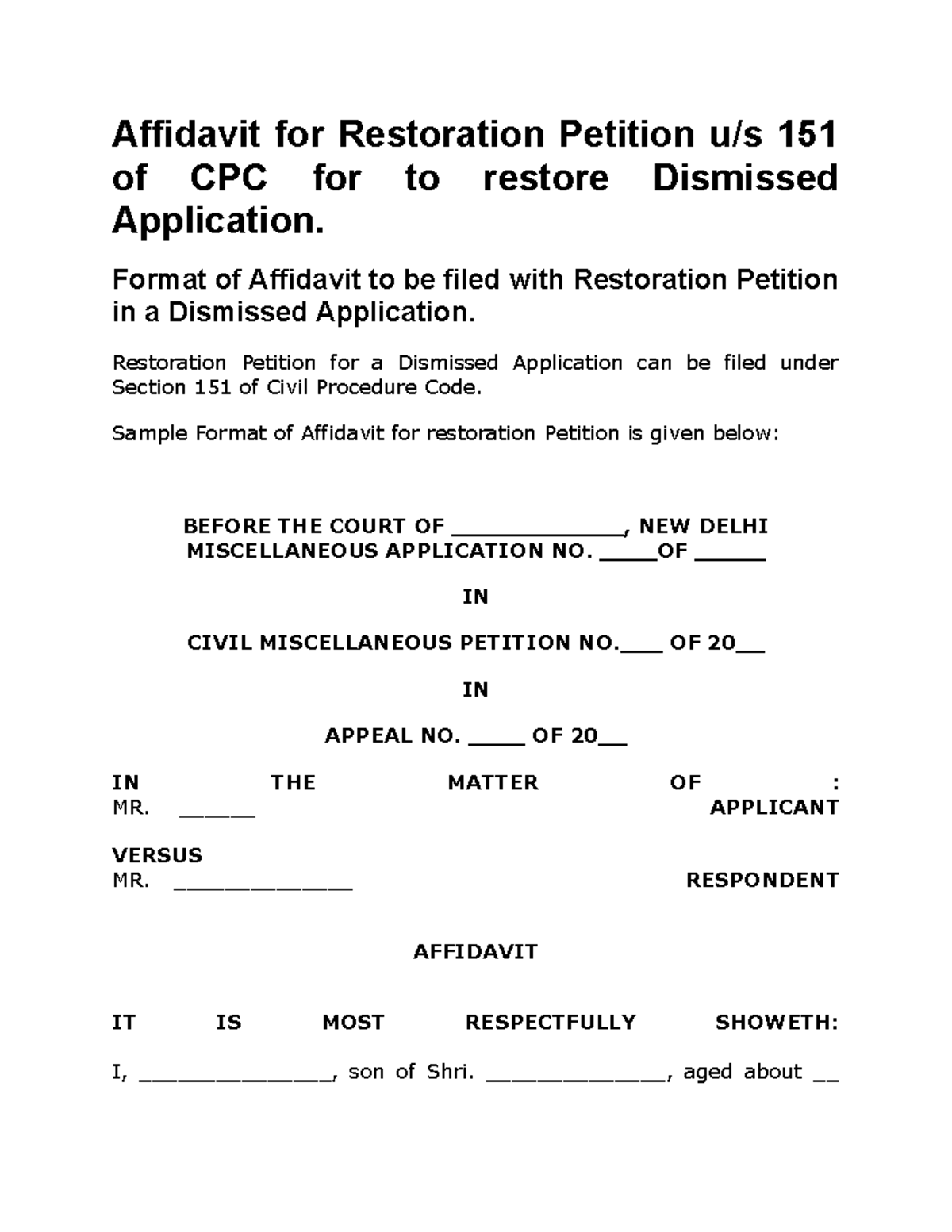 Affidavit for Restoration Petition - Format of Affidavit to be filed ...