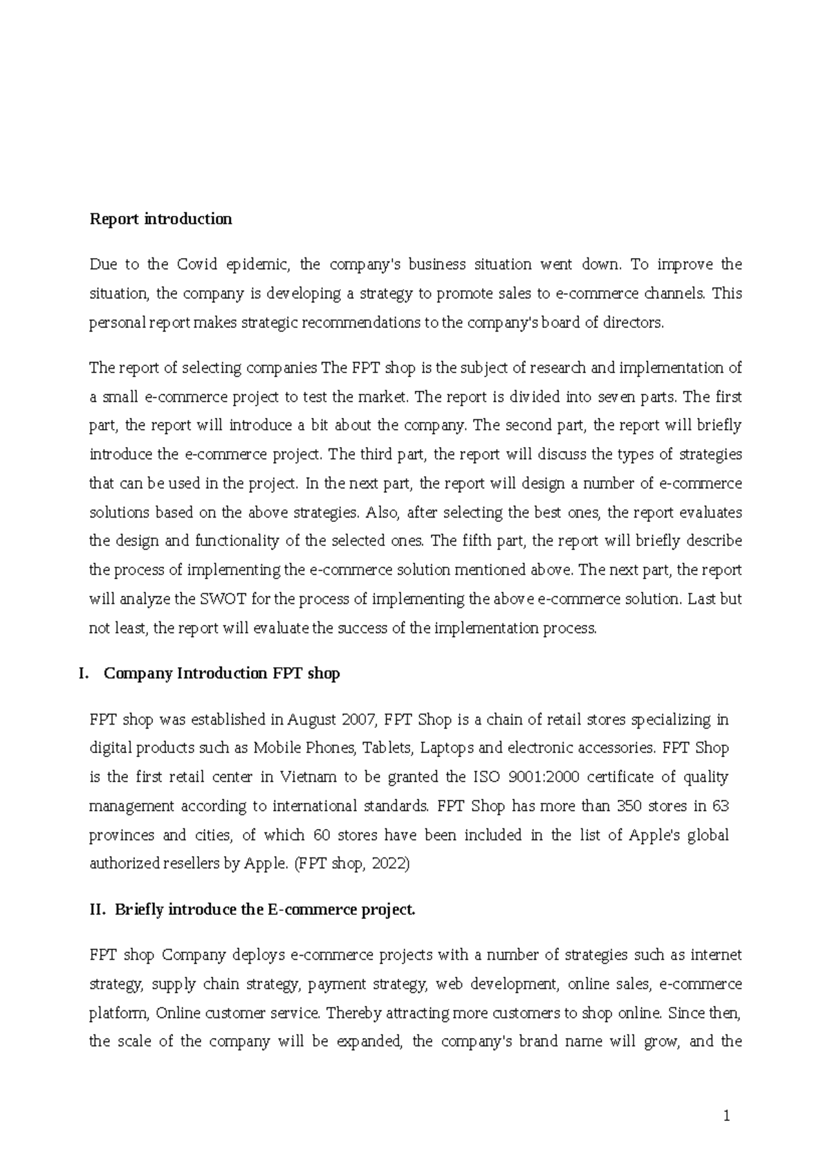 Ecommerce - information - Report introduction Due to the Covid epidemic ...