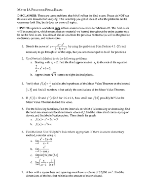 Review Problems and Answers - Math 3A Review Final next Wed. 1-pr Hr(E+ ...