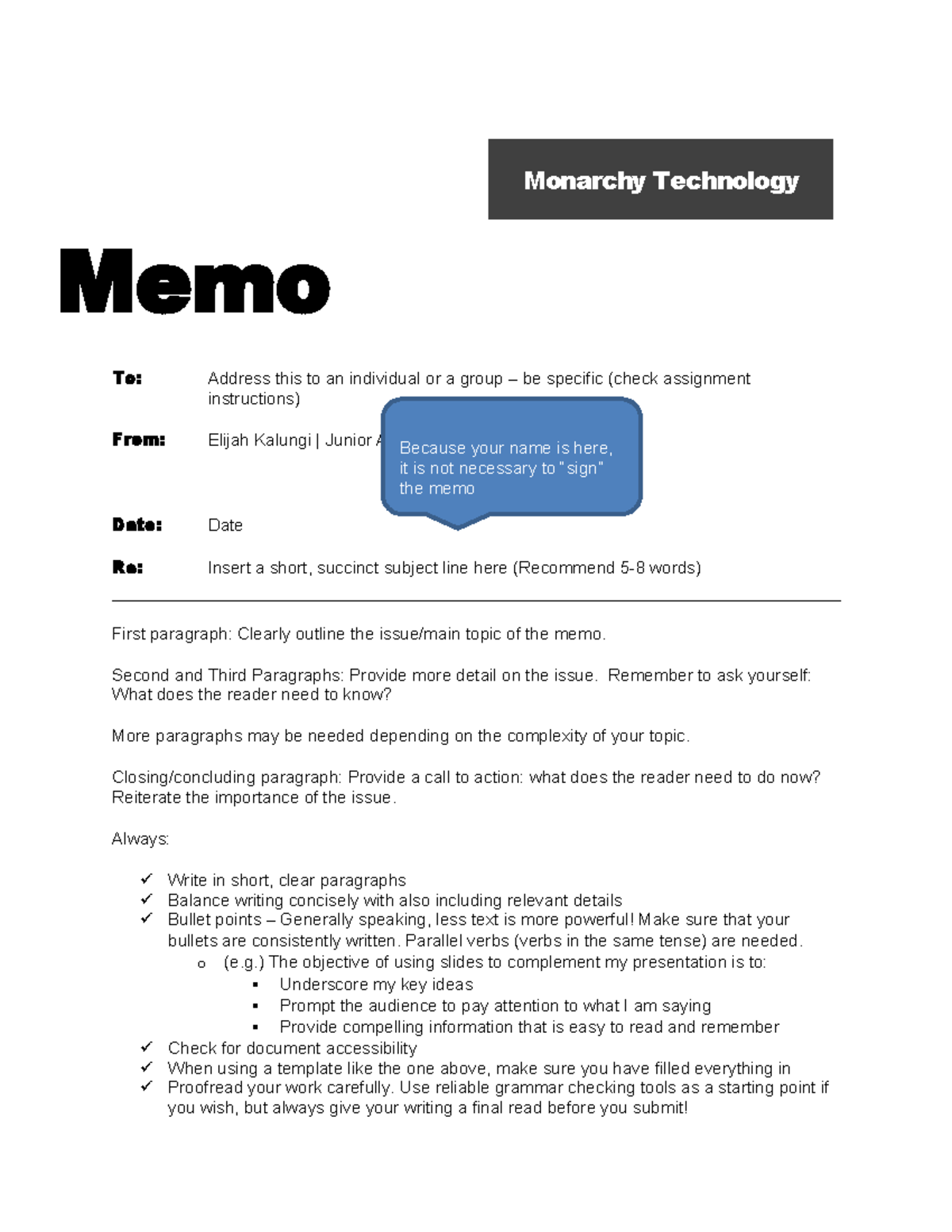 Memo Template - Comm assignment - Monarchy Technology Memo To: Address ...