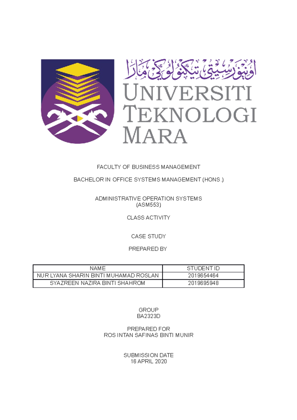 Class Activity 1 - FACULTY OF BUSINESS MANAGEMENT BACHELOR IN OFFICE ...