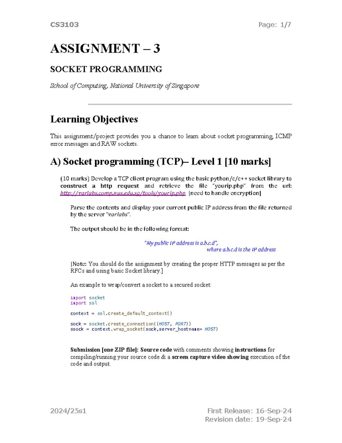 Assignment 3 C-S programming - 2024 / 25 s1 First Release: 16 - Sep- 24 ASSIGNMENT – 3 SOCKET ...