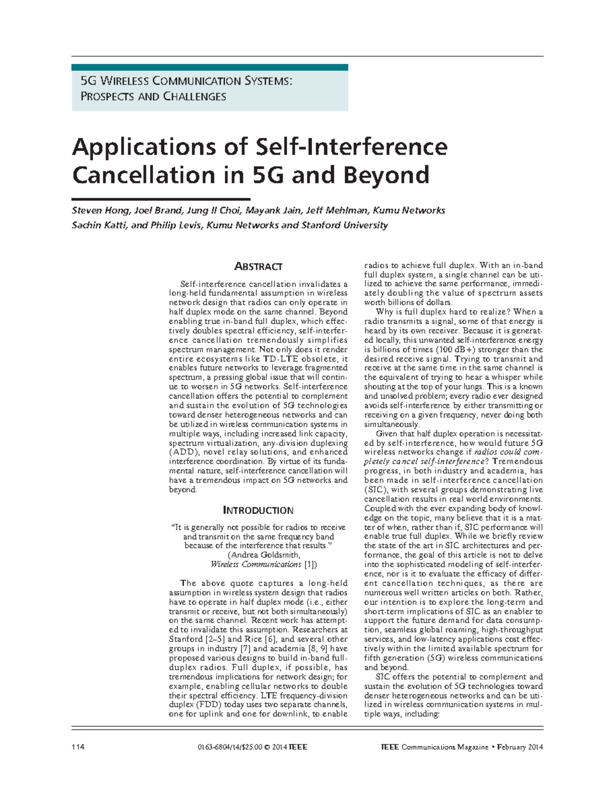 Applications of Self Interference Cancellation in 5G and Beyond - 114 ...