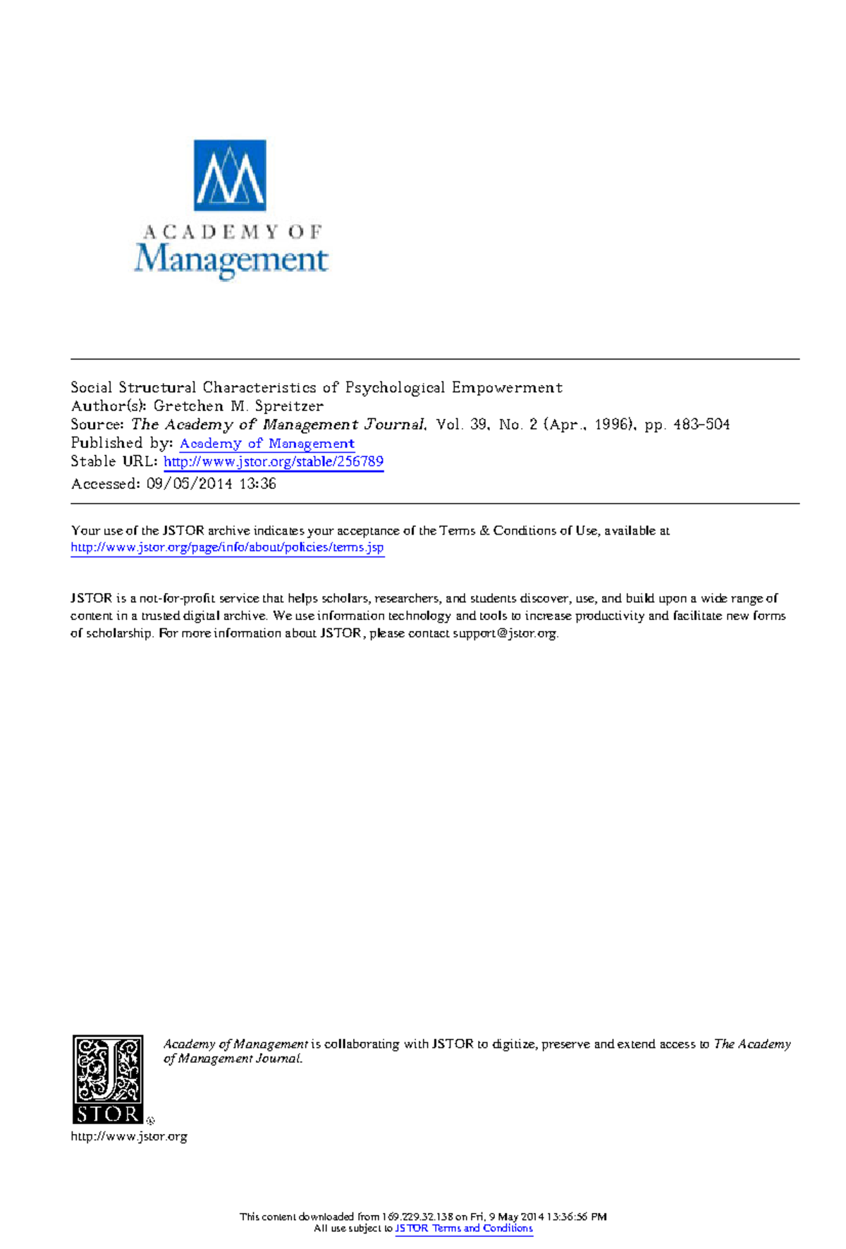 Spreitzer 1996 - Social Structural Characteristics of Psychological ...