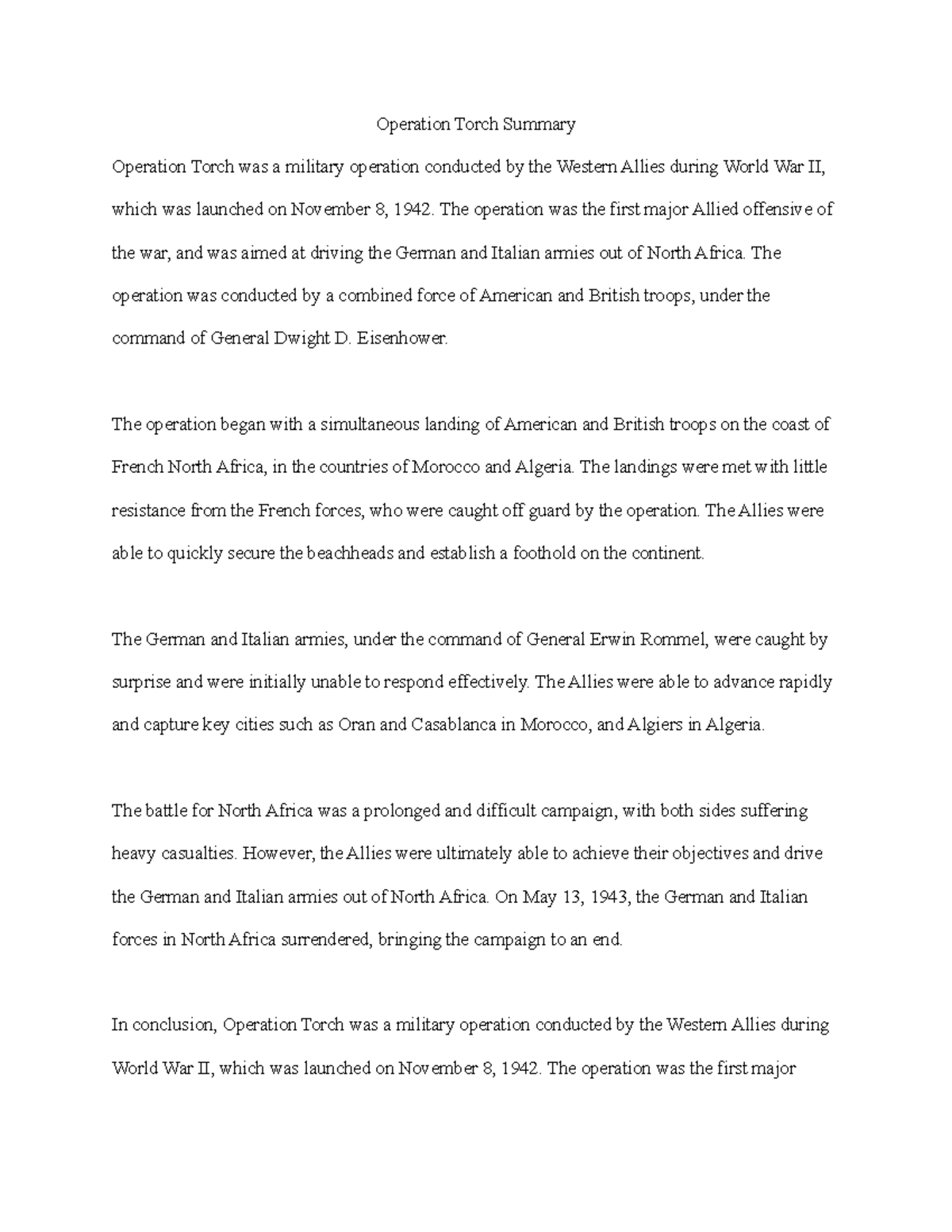 Operation Torch Summary - Operation Torch Summary Operation Torch was a ...