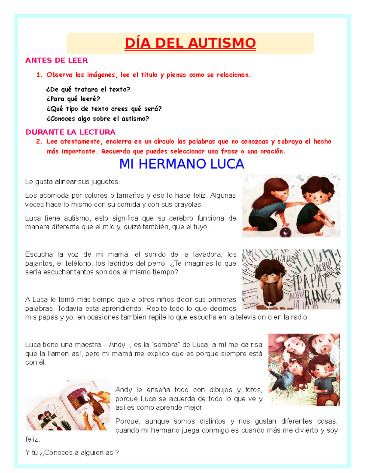 DIA DEL Autismo-PLAN Lector - ANTES DE LEER 1. Observa las imágenes ...