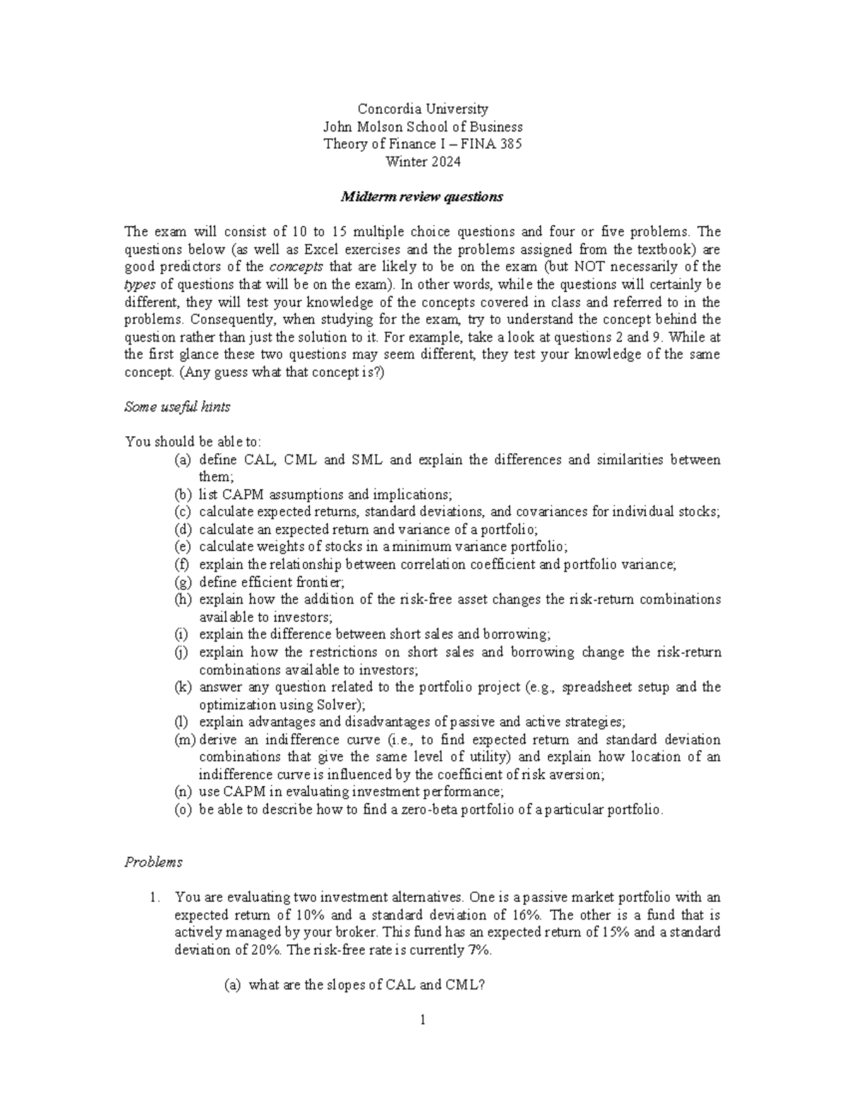 Midterm review w24 sxitaclass - Concordia University John Molson School of Business Theory of ...