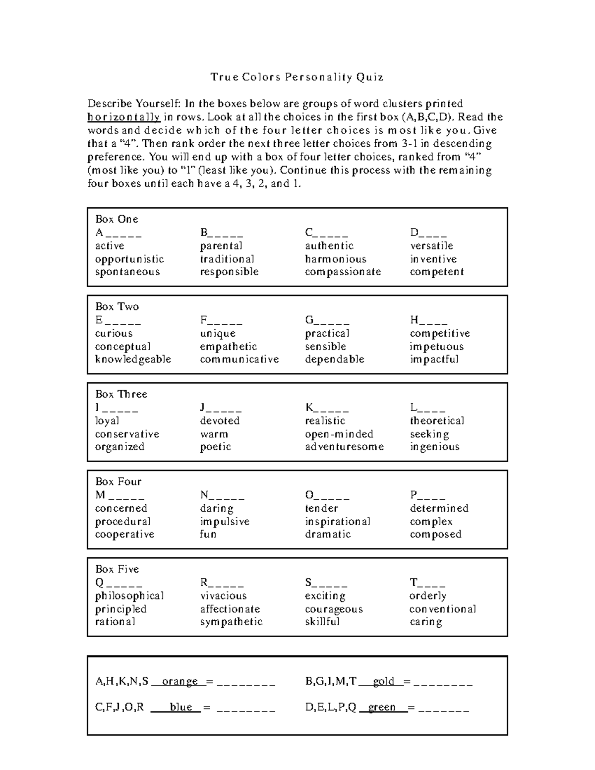 True Colors Personality Quiz - Tru e Co lo rs Pe rs o n ality Qu iz ...