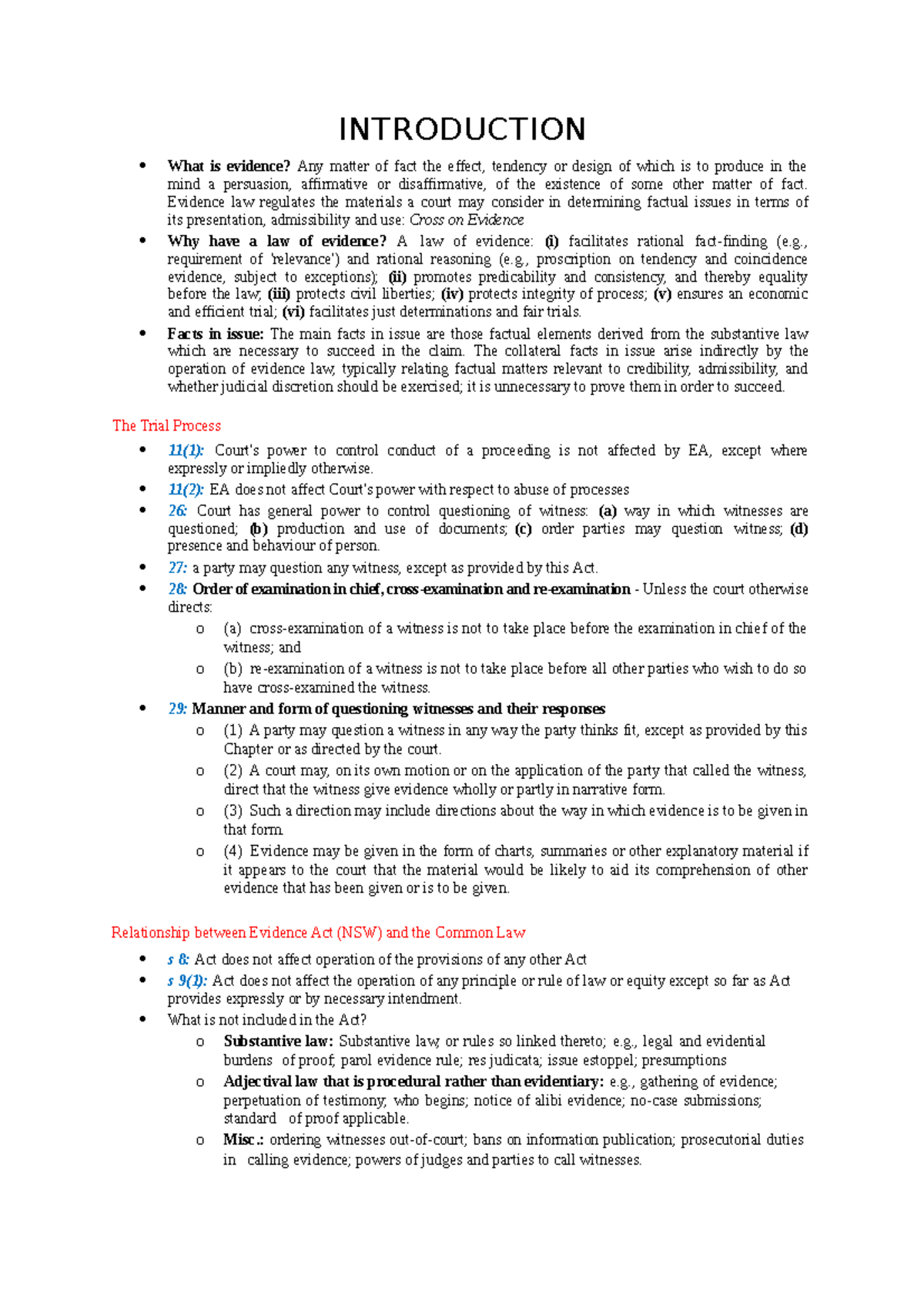 LAWS2016 Evidencenotes - INTRODUCTION What is evidence? Any matter of ...