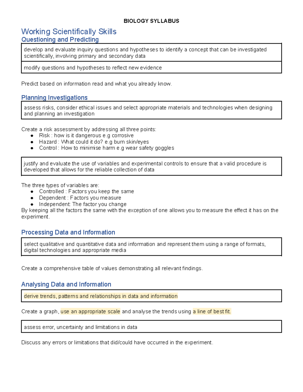 BIOLOGY MOD 1 PRELIM NOTES - Working Scientifically Skills Questioning ...