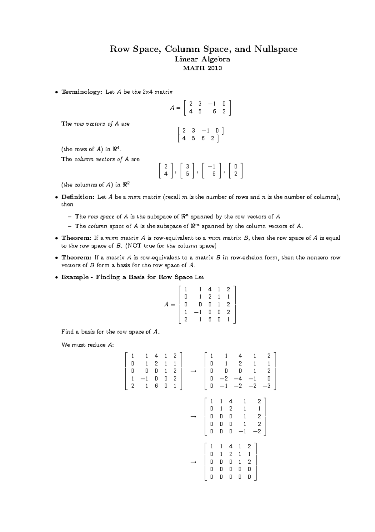 Row Space Column Space - Thecolumn vectors ofAare [ 2 4 ] , [ 3 5 ...