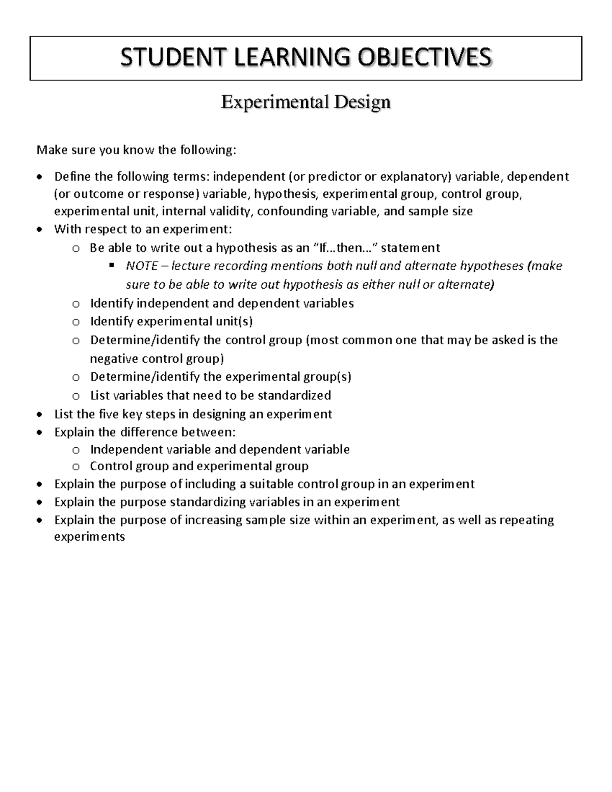 BISC 102 Lecture Two - Student Learning Objectives - Experimental ...