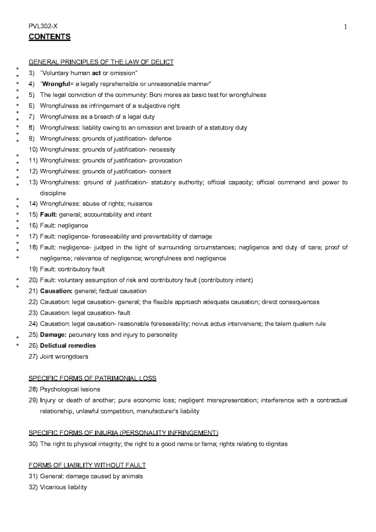 Pvl3703-delict notes - CONTENTS GENERAL PRINCIPLES OF THE LAW OF DELICT ...