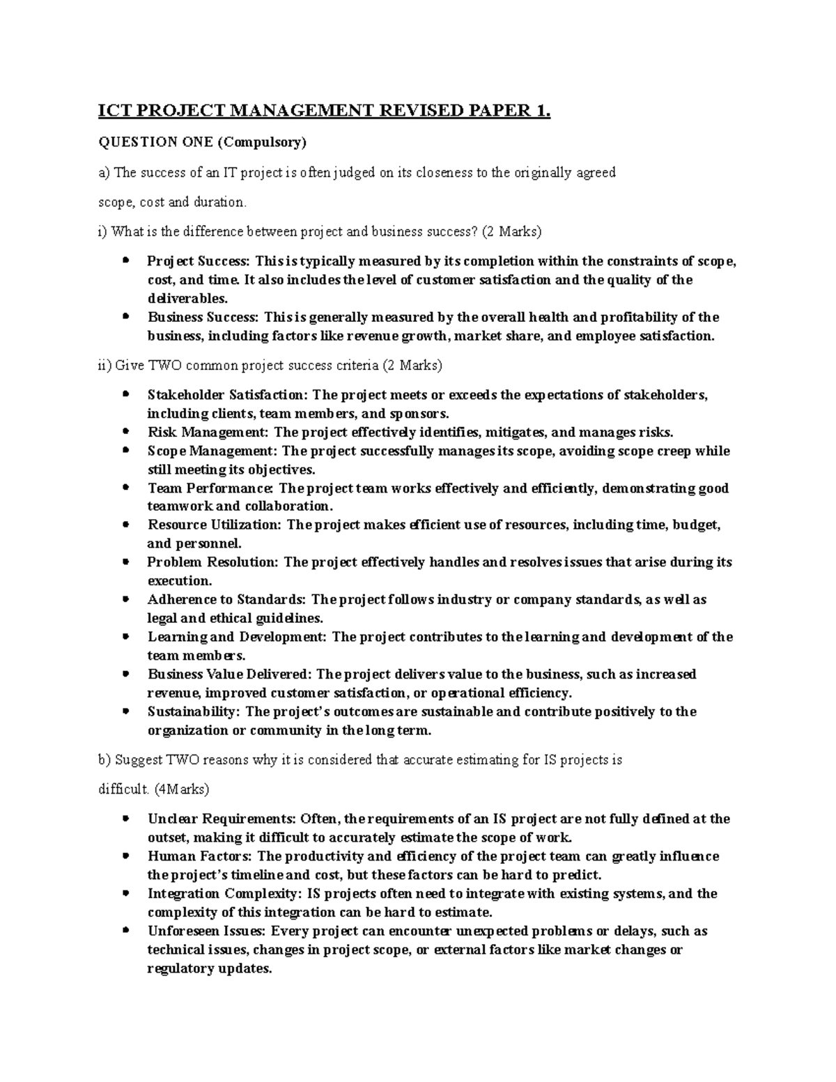 ICT Project Management Revised Paper 1 - ICT PROJECT MANAGEMENT REVISED PAPER 1. QUESTION ONE ...