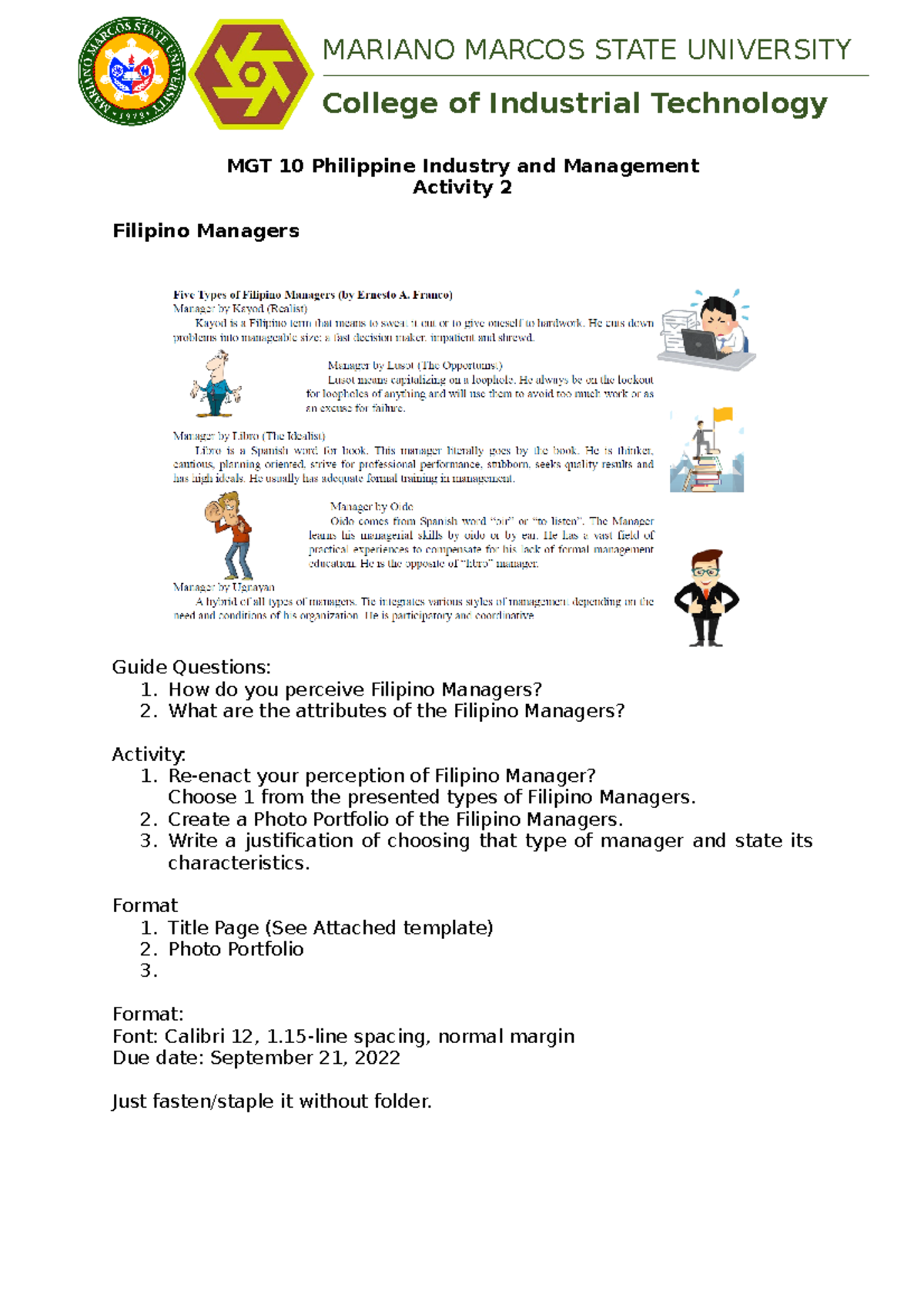 Activity 2 Filipino Managers - College of Industrial Technology MARIANO ...