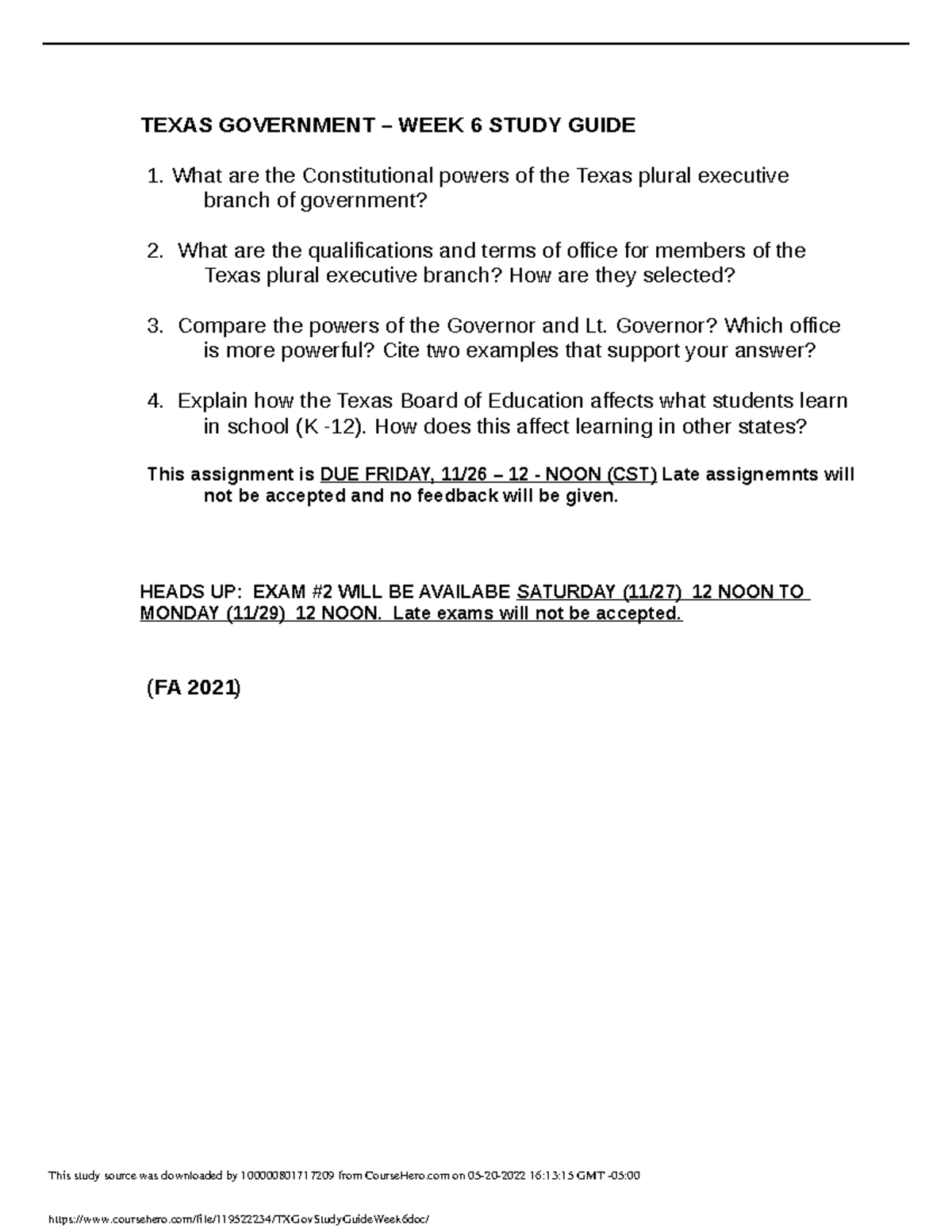 TXGov Study Guide Week 6 - TEXAS GOVERNMENT – WEEK 6 STUDY GUIDE What ...