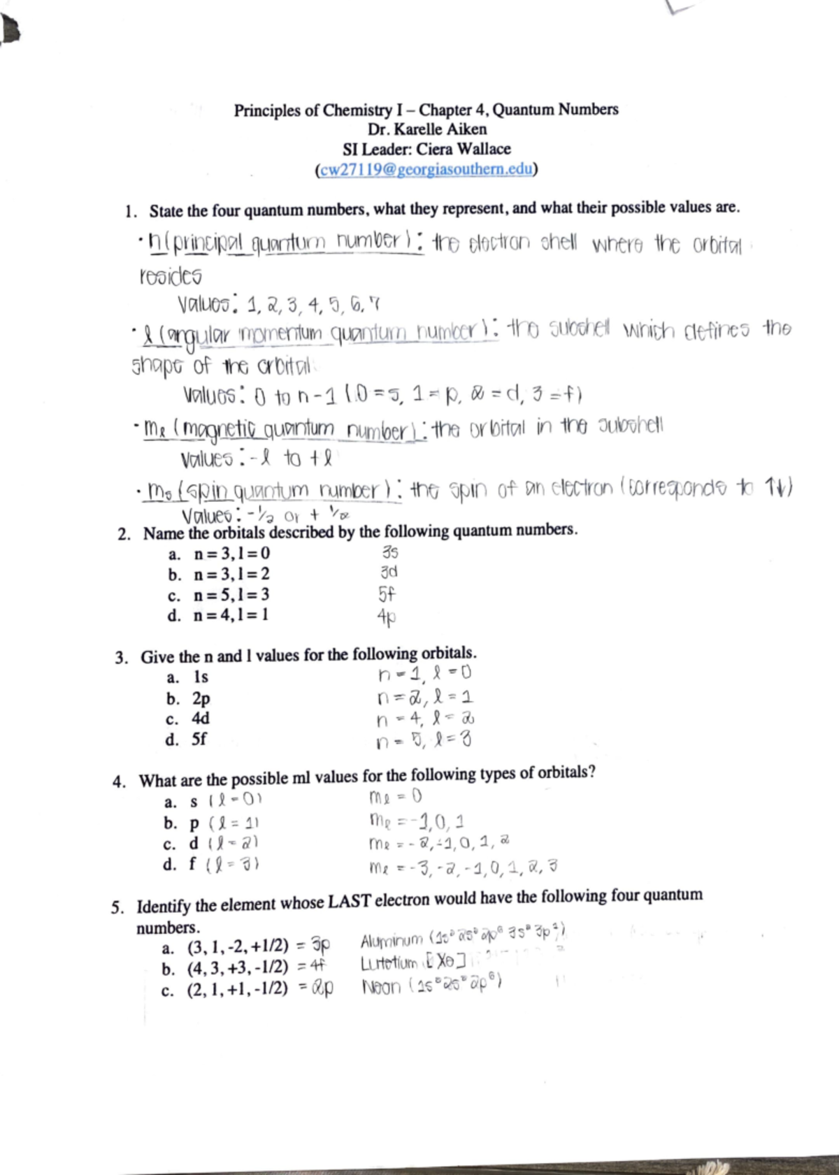 Ch.4 Quantum Numbers - Principles of Chemistry I - Chapter 4, Quantum ...