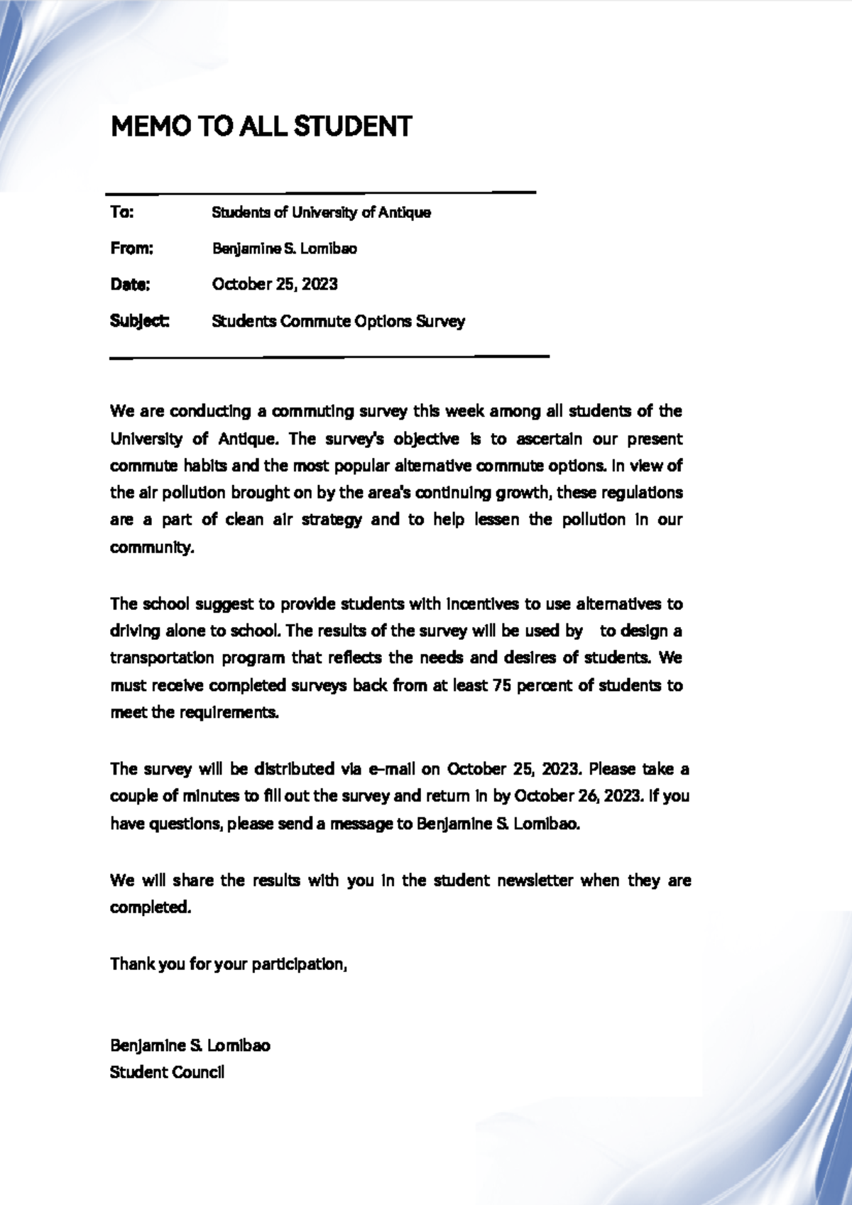 Lomibao MEMO - English work and assignment - MEMO TO ALL STUDENT To ...