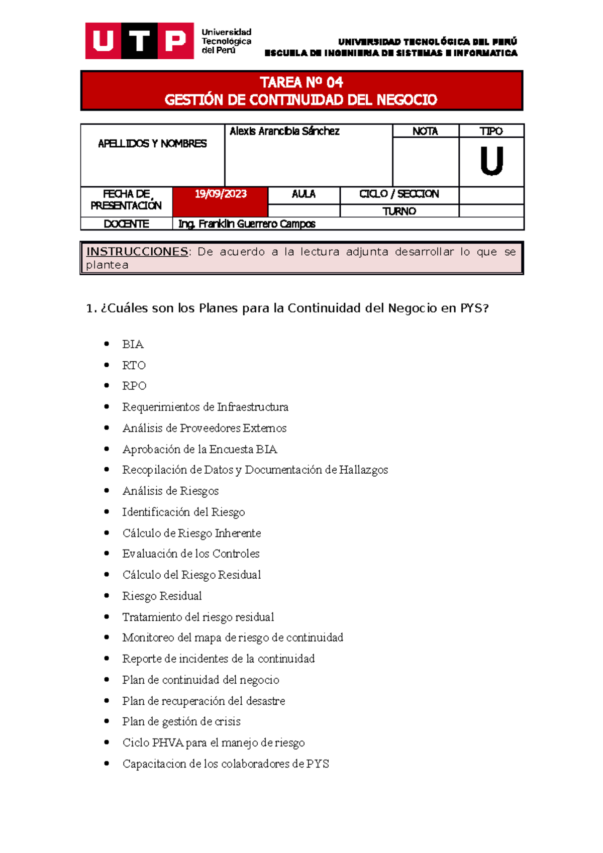 GDCN Tarea 4 B - importante - UNIVERSIDAD TECNOLÓGICA DEL PERÚ ESCUELA ...