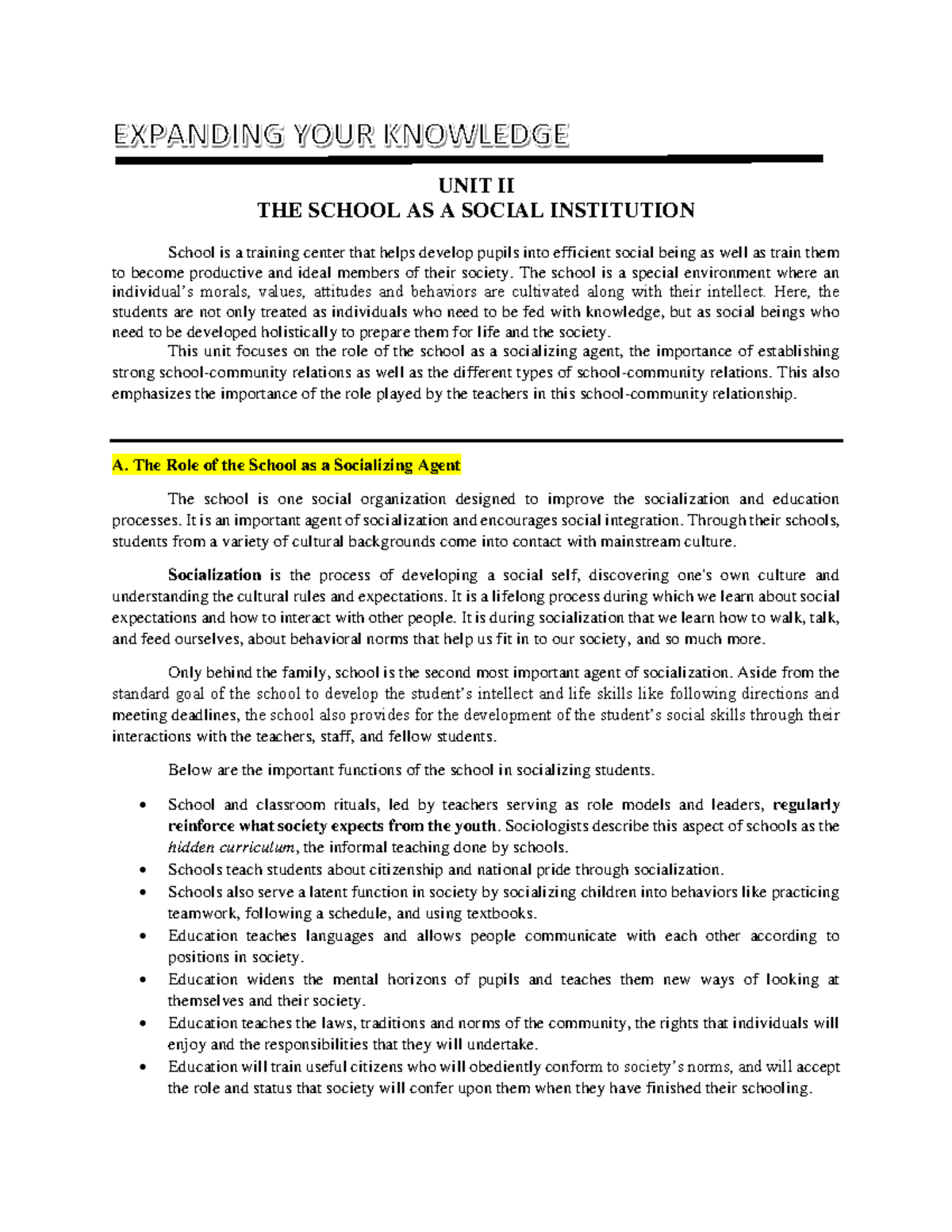 UNIT-2 - Notes - UNIT II THE SCHOOL AS A SOCIAL INSTITUTION School is a ...