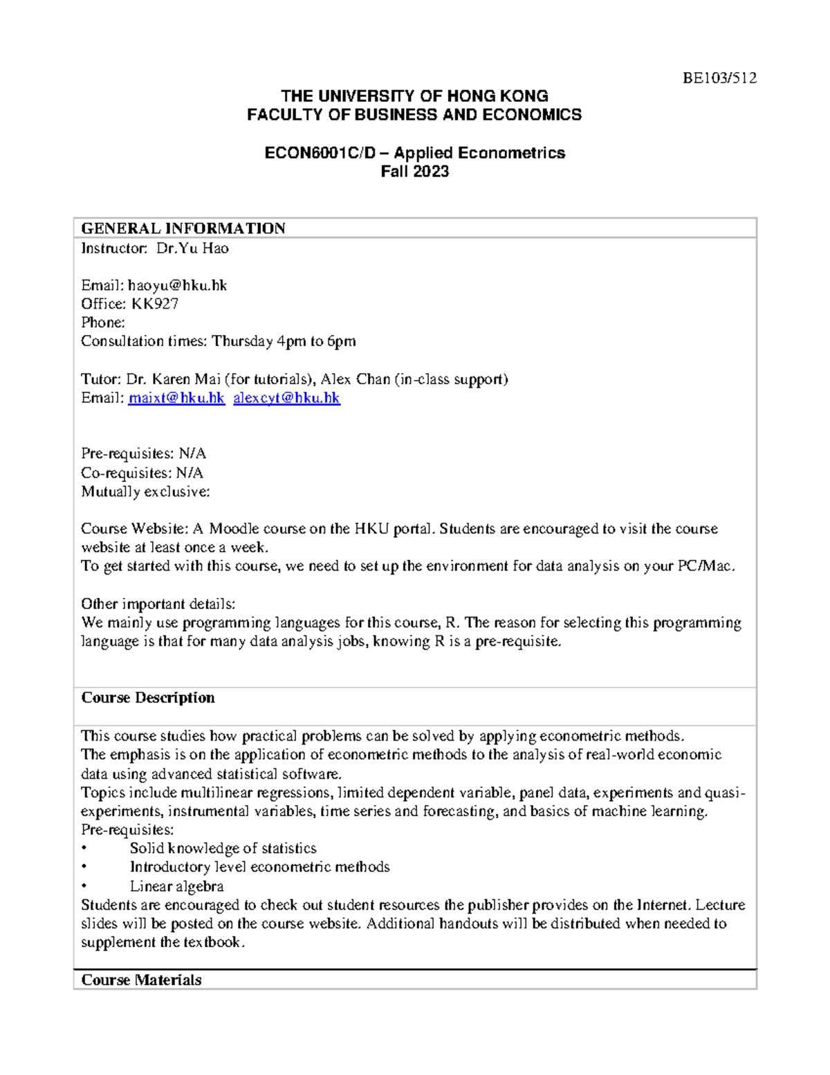 ECON 6001CD Course Outline 2023 - BE103/ THE UNIVERSITY OF HONG KONG ...