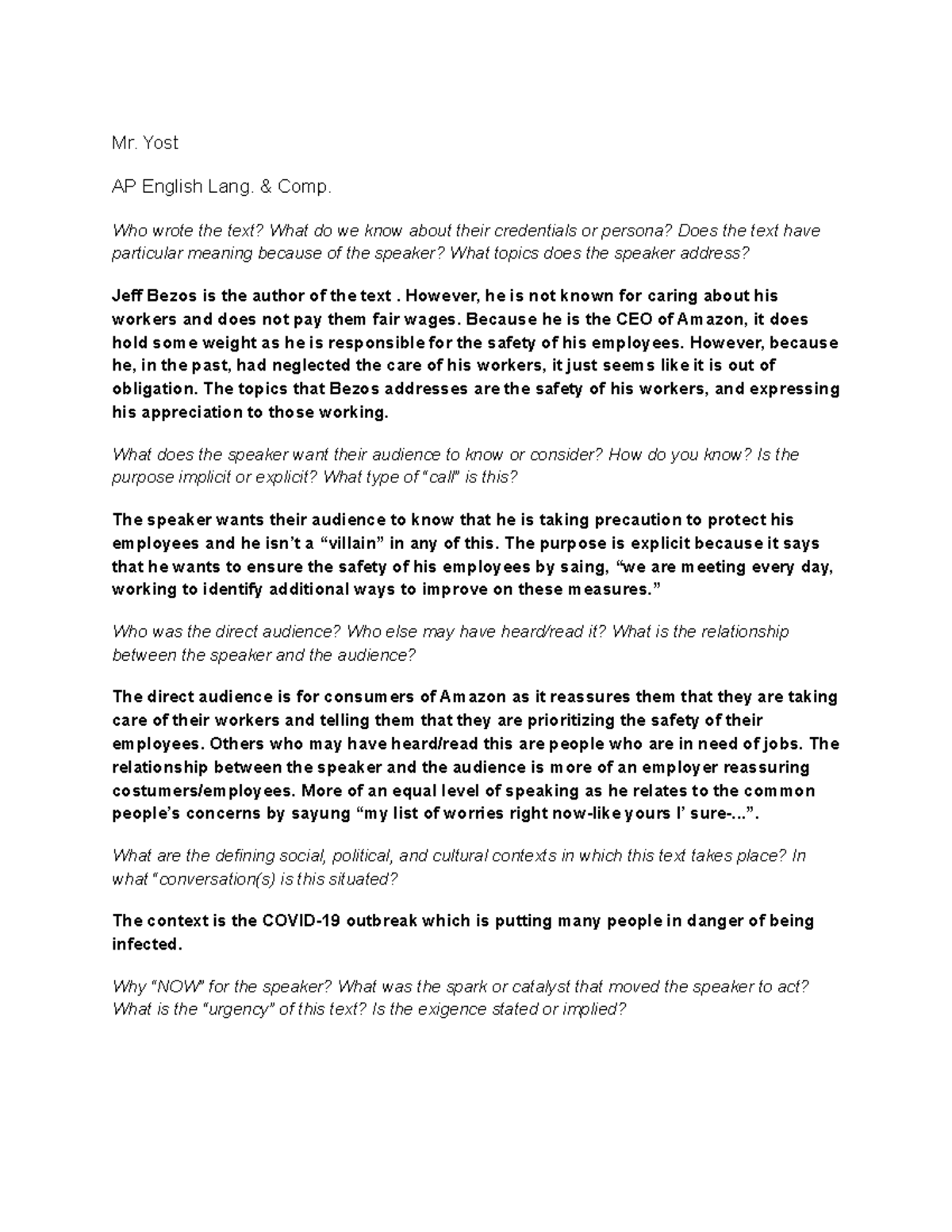 Jeff bezos - Mr. Yost AP English Lang. & Comp. Who wrote the text? What ...