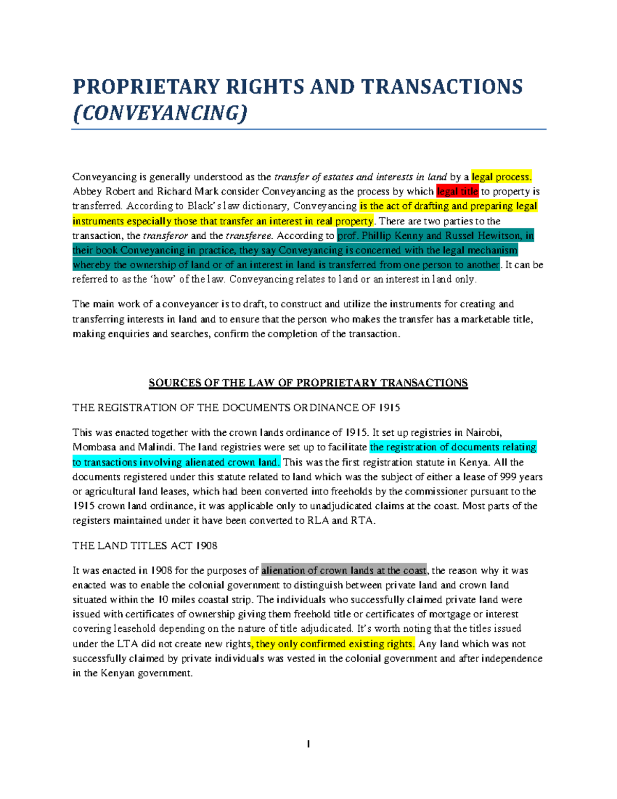 Conveyancing Notes Kenya - PROPRIETARY RIGHTS AND TRANSACTIONS ...