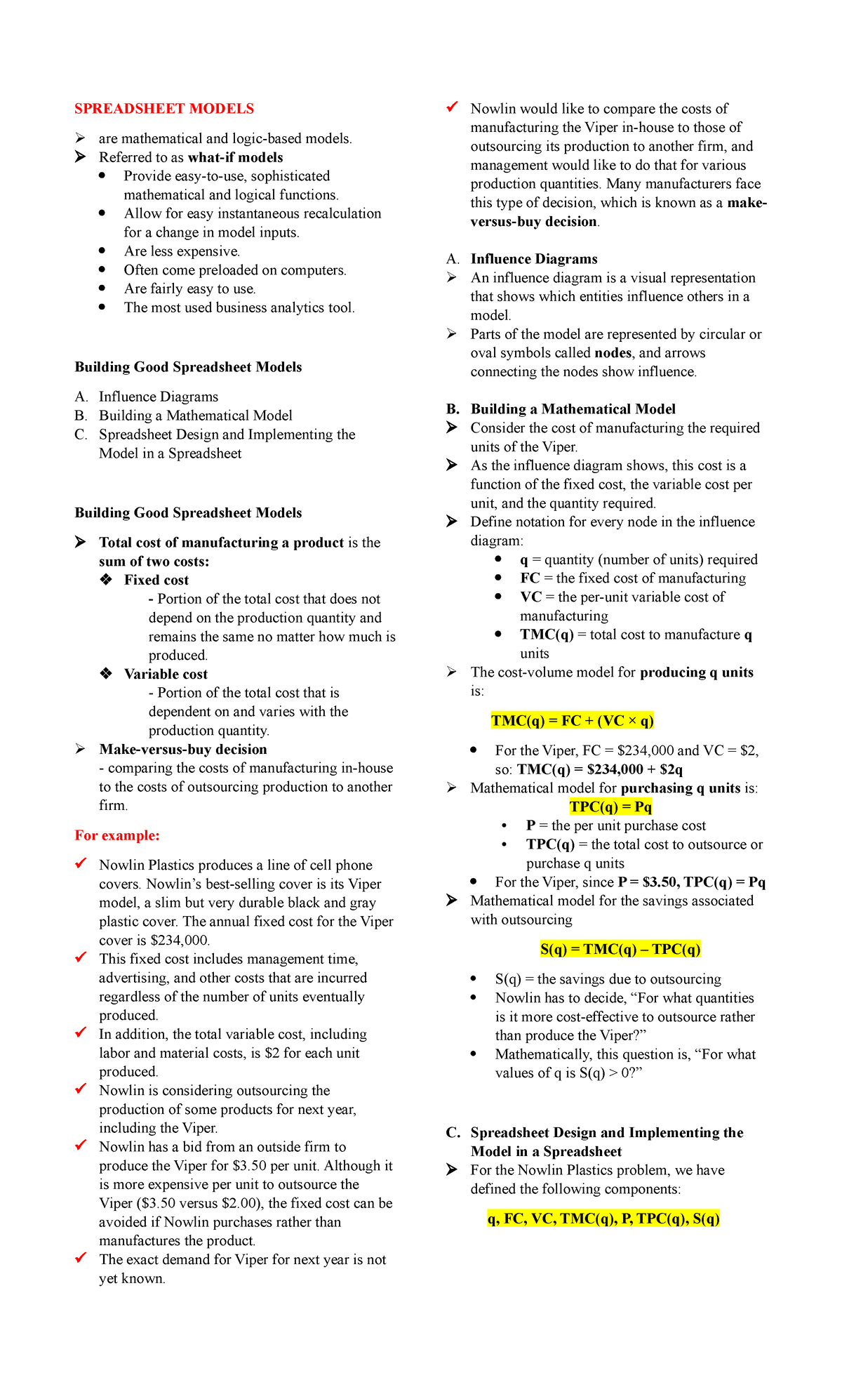 Fbaws C10 Final Reviewer - SPREADSHEET MODELS are mathematical and logic-based models. Referred ...