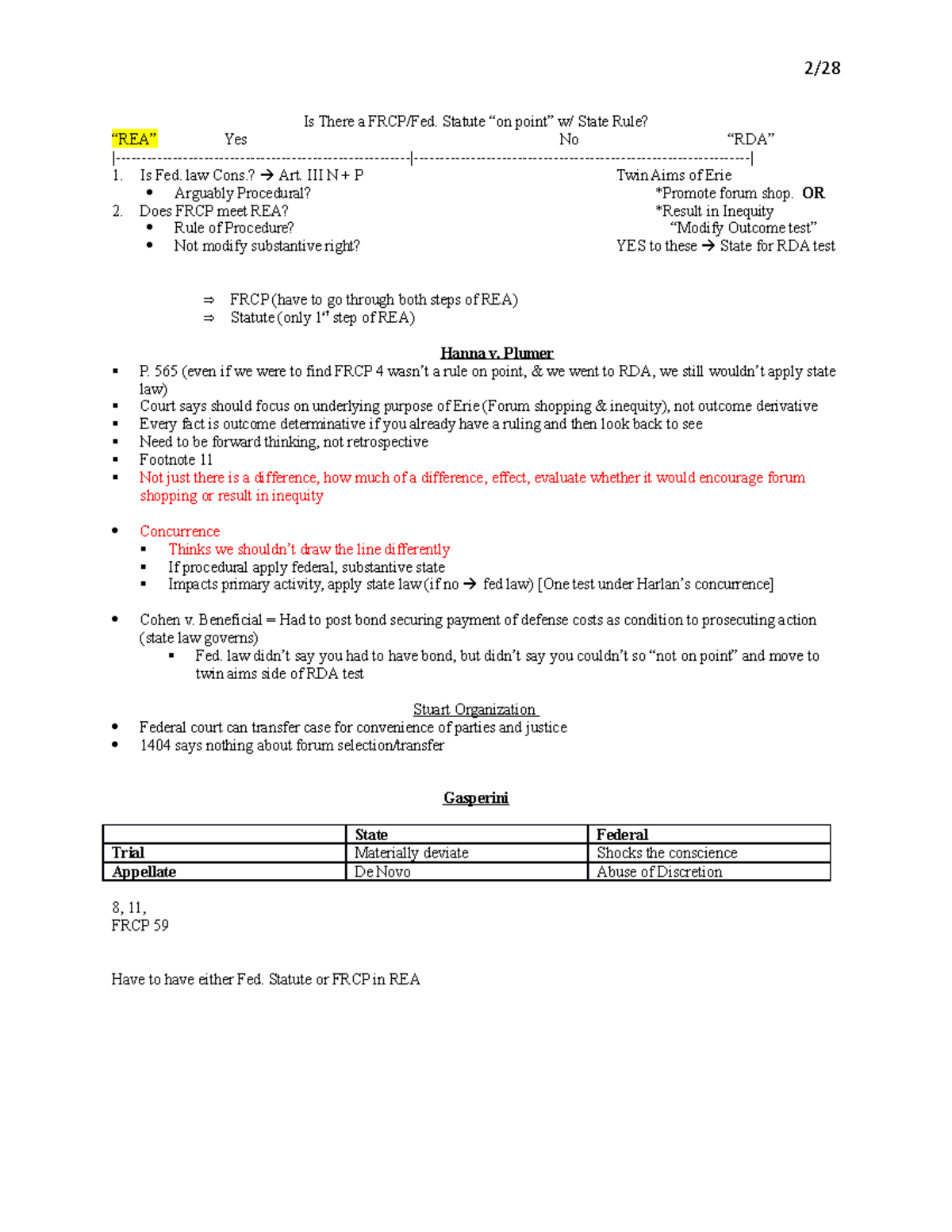 2:28 Notes - Lecture Main Points - 2/ Is There a FRCP/Fed. Statute “on ...