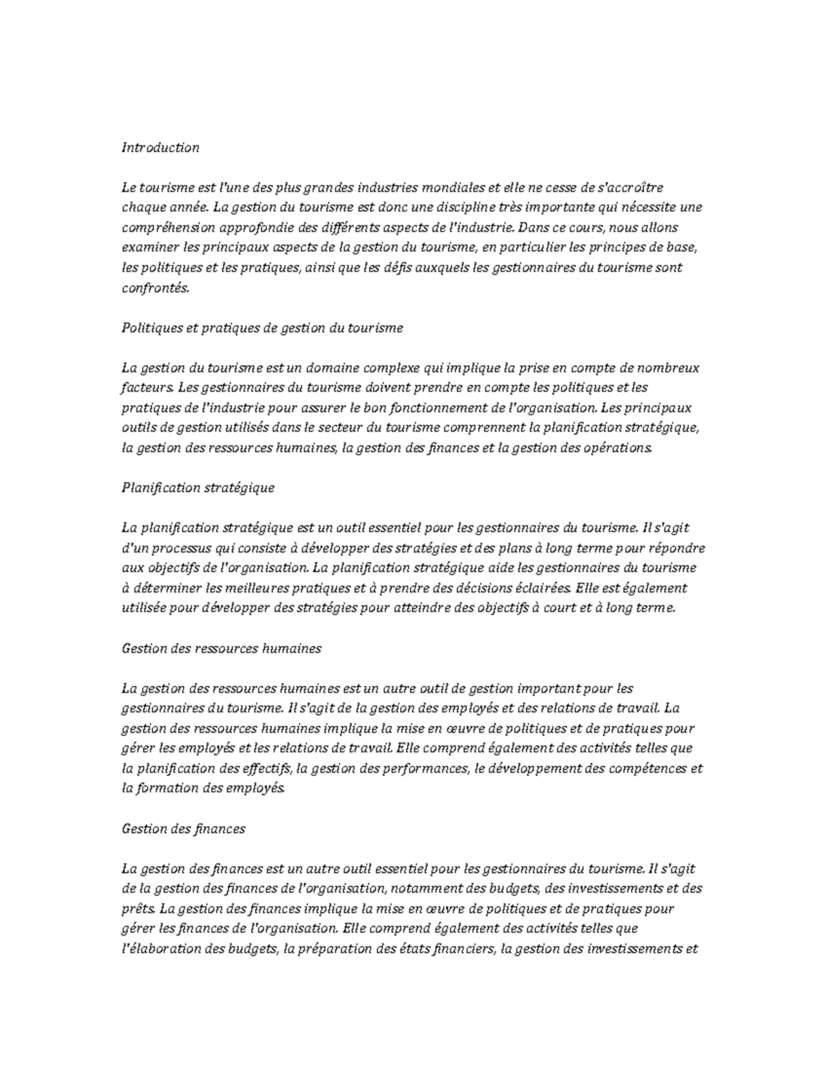 Tourism Management Study Notes - Introduction Le tourisme est l'une des ...