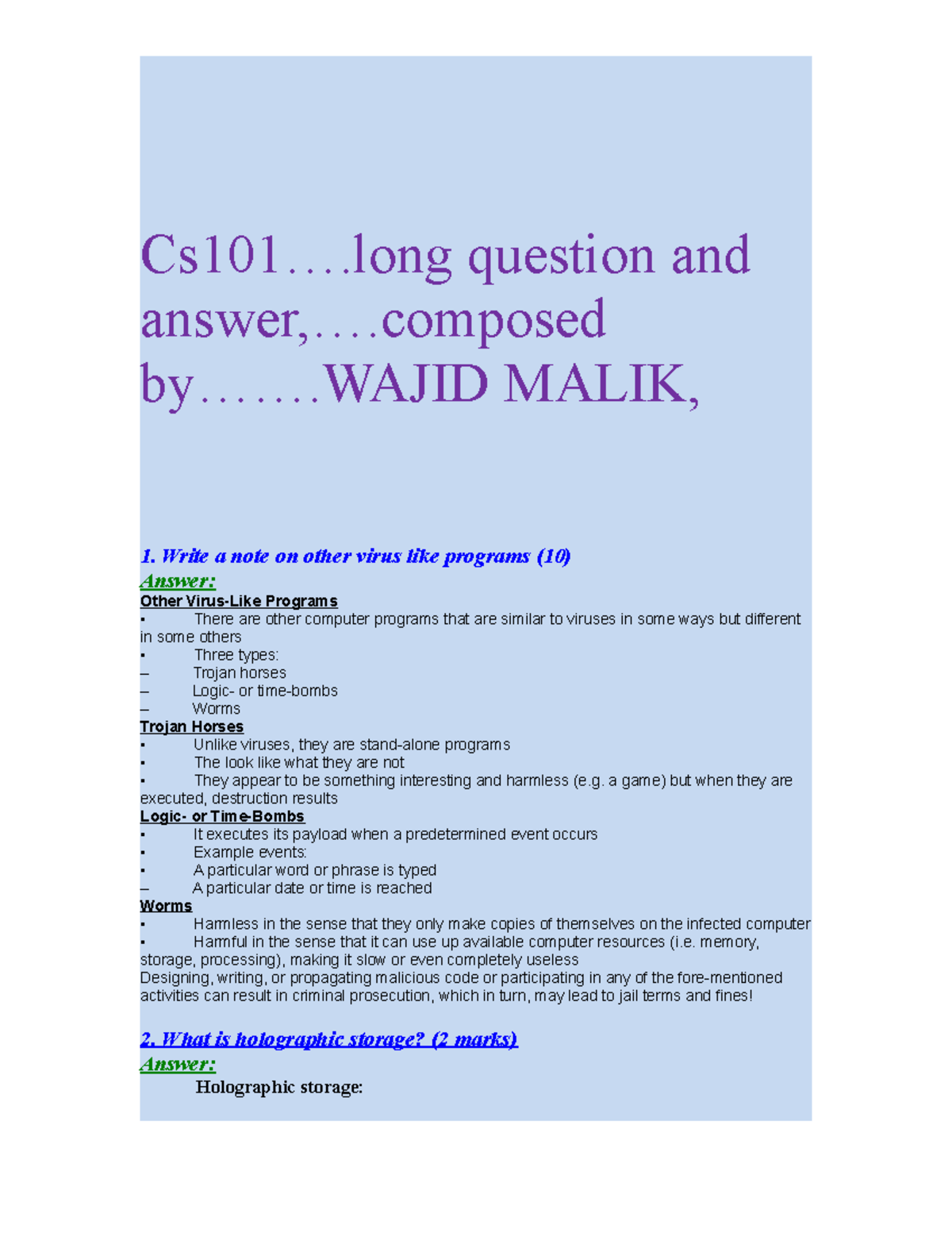 Cs101 Midterm Subjective Papers With Reference By Wajid Malik Cs101 Question And Answer