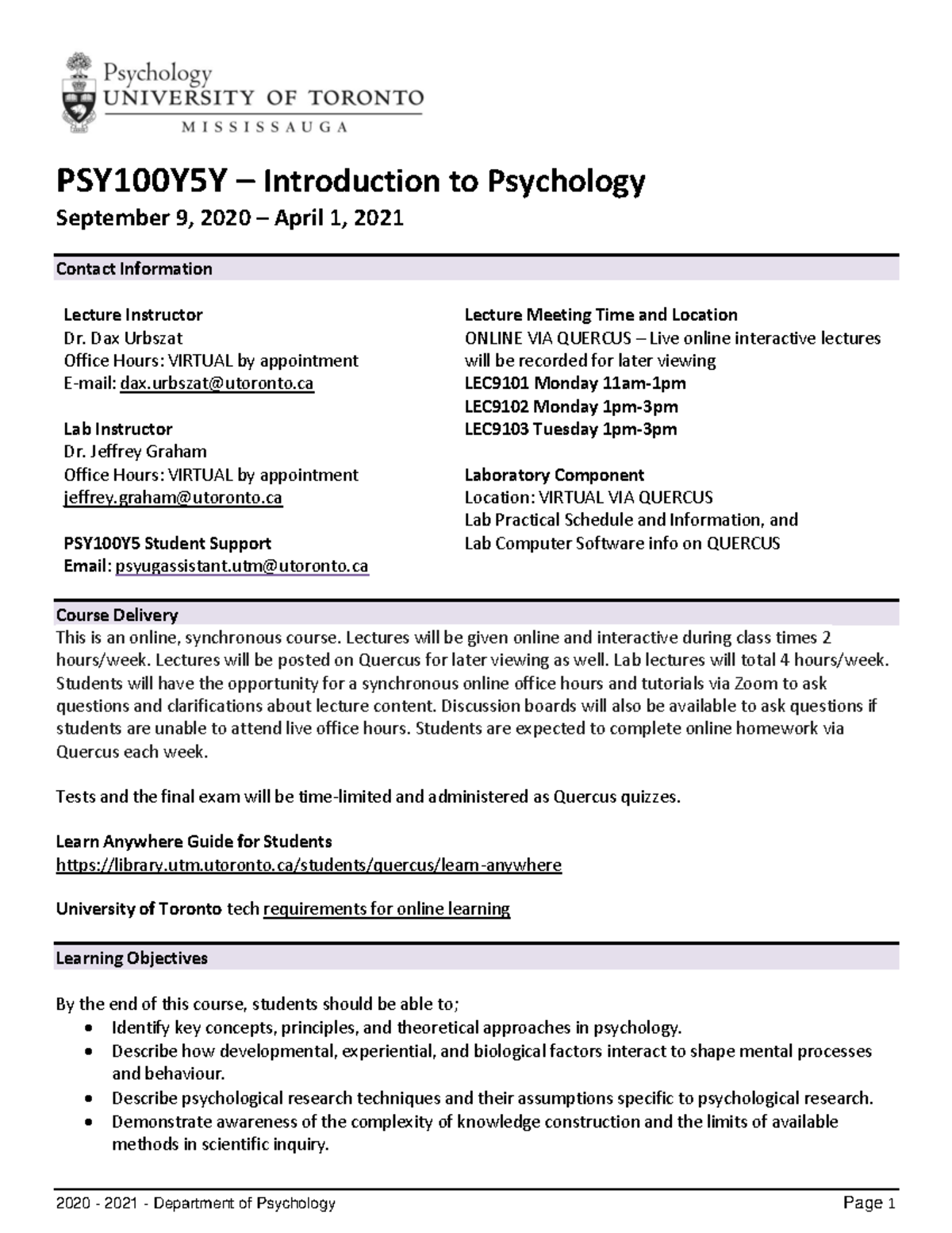 PSY100Y5 Y-Course Outline - Warning: TT: undefined function: 32 Warning: TT: undefined function ...