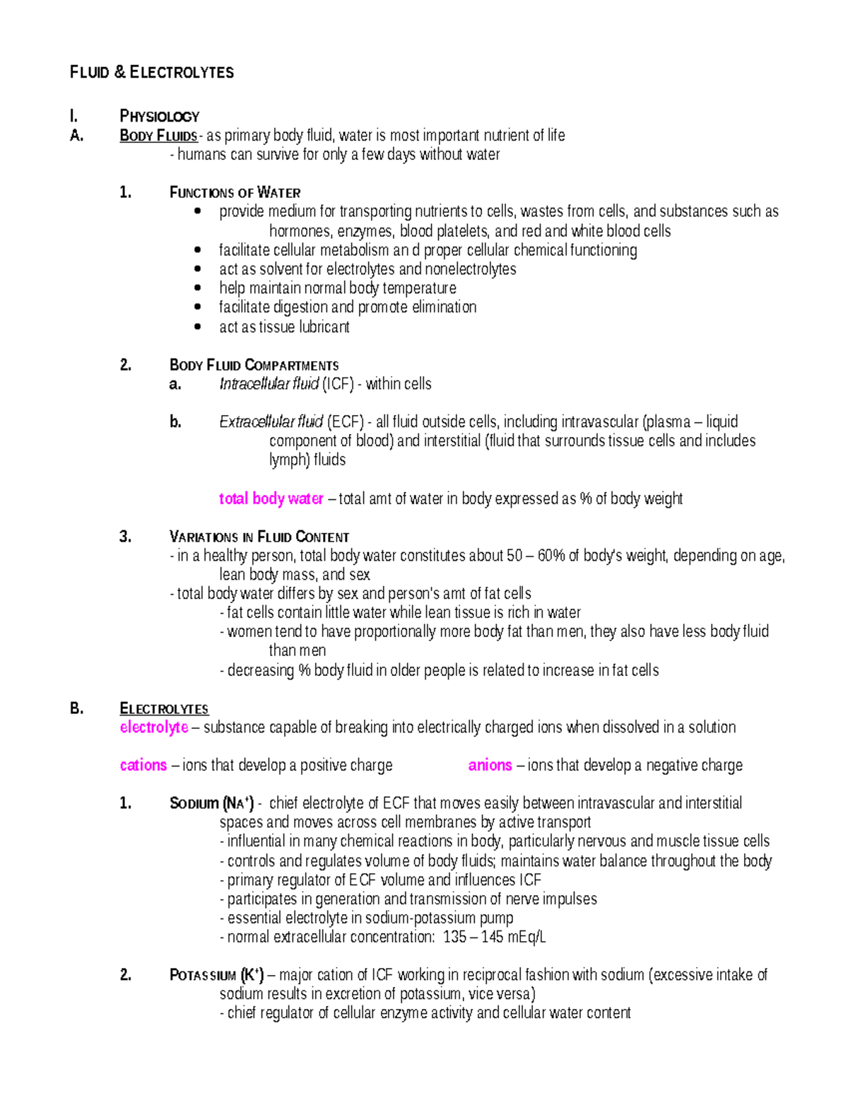 406974921 Fluid and Electrolytes - FLUID & ELECTROLYTES I. PHYSIOLOGY A ...
