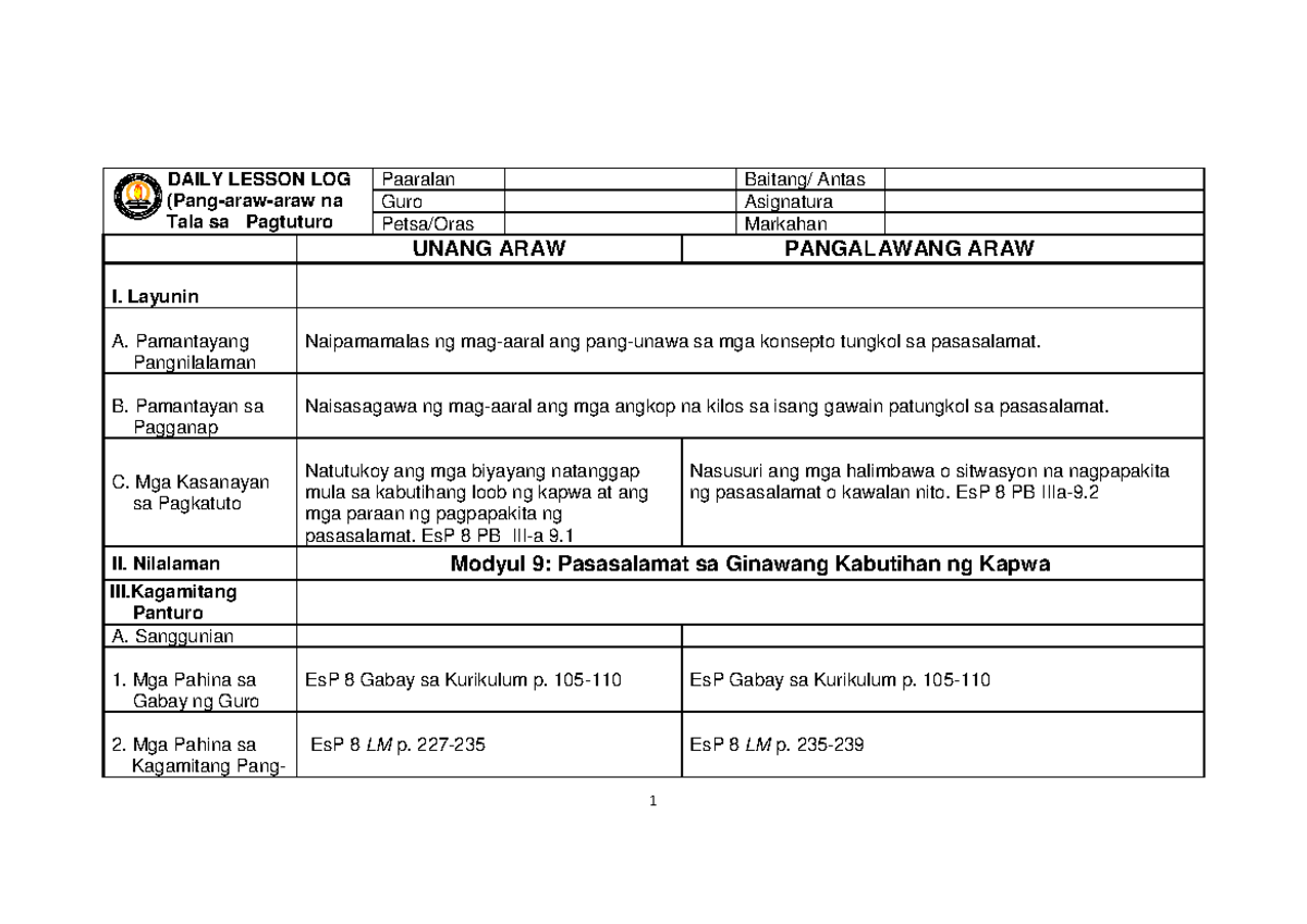 ESP8-DLL - FOR GRADE 8 - DAILY LESSON LOG (Pang-araw-araw na Tala sa ...