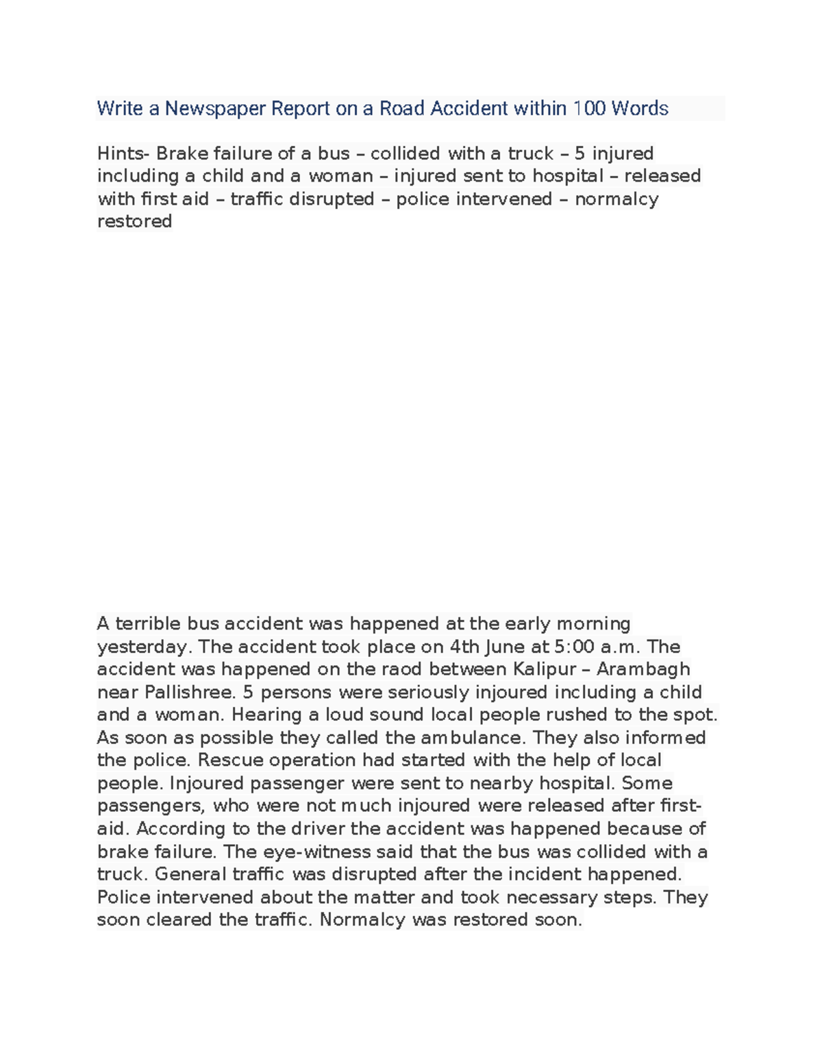 Document (14) - Grammar - Write a Newspaper Report on a Road Accident ...