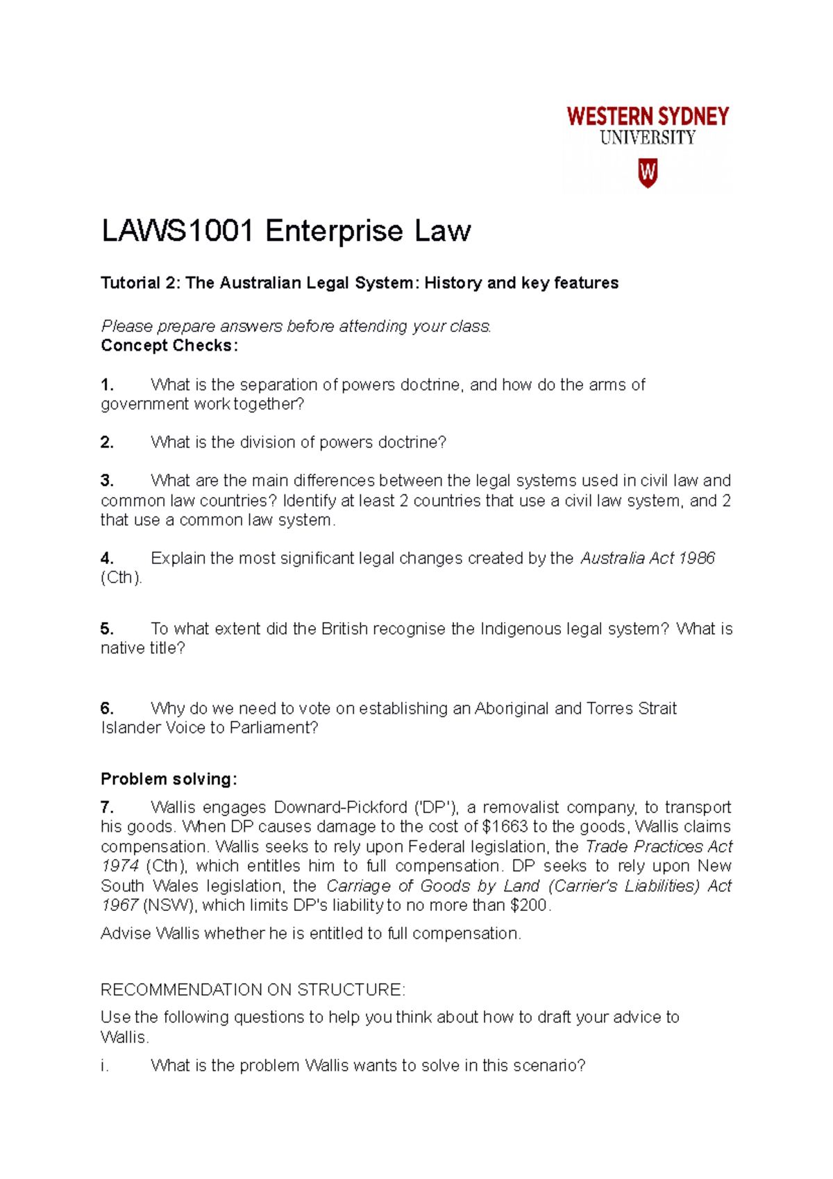 Tutorial 2 - weekly module recap - LAWS1001 Enterprise Law Tutorial 2 ...
