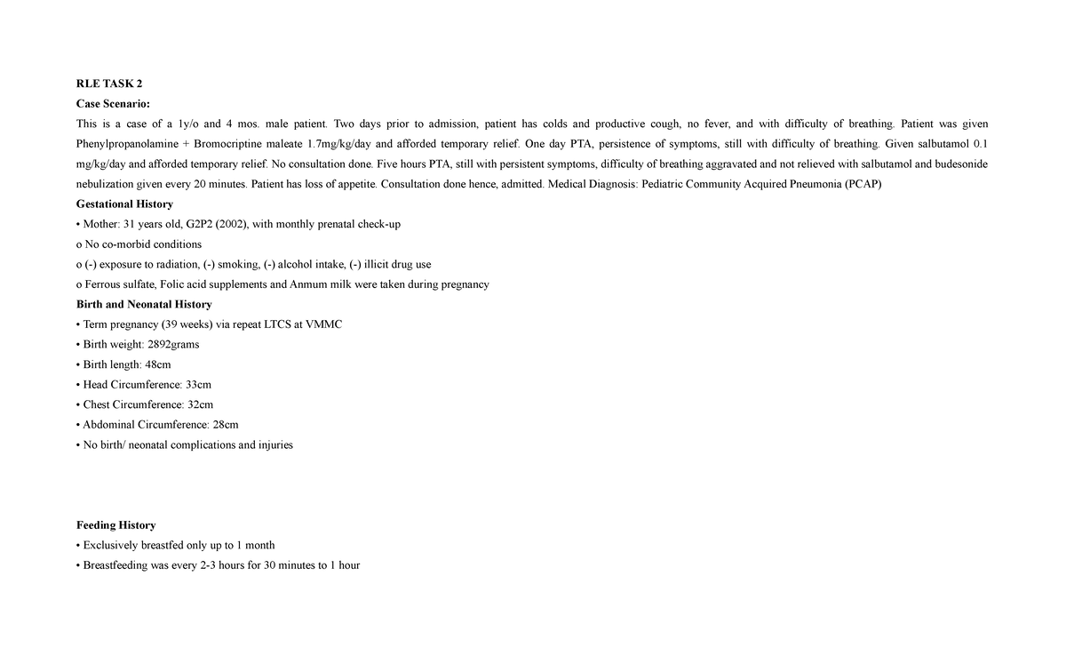 NCP-RLE - lecture - RLE TASK 2 Case Scenario: This is a case of a 1y/o ...