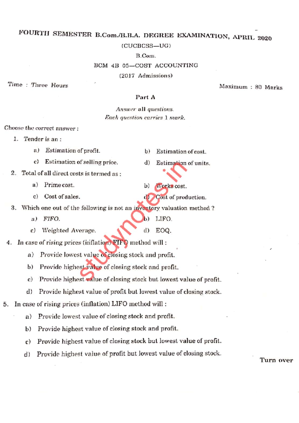 Cost Accounting 2020 Question Paper - Studocu
