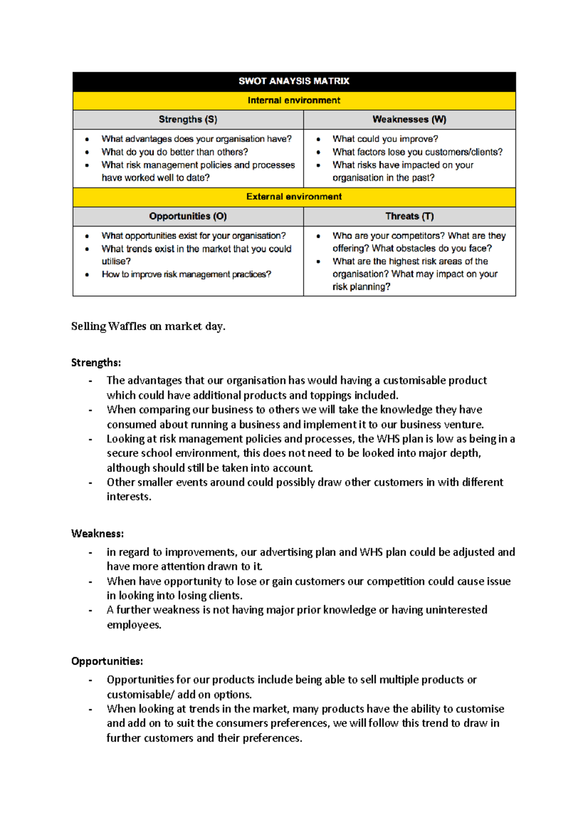 SWOT Analysis Matrix (1 - Selling Waffles on market day. Strengths ...