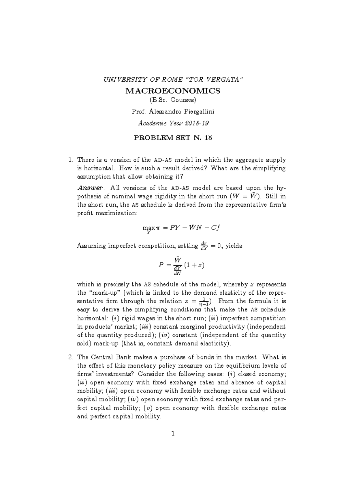 Macroeconomics Problem set n15 with answer - UNIVERSITY OF ROME “TOR ...