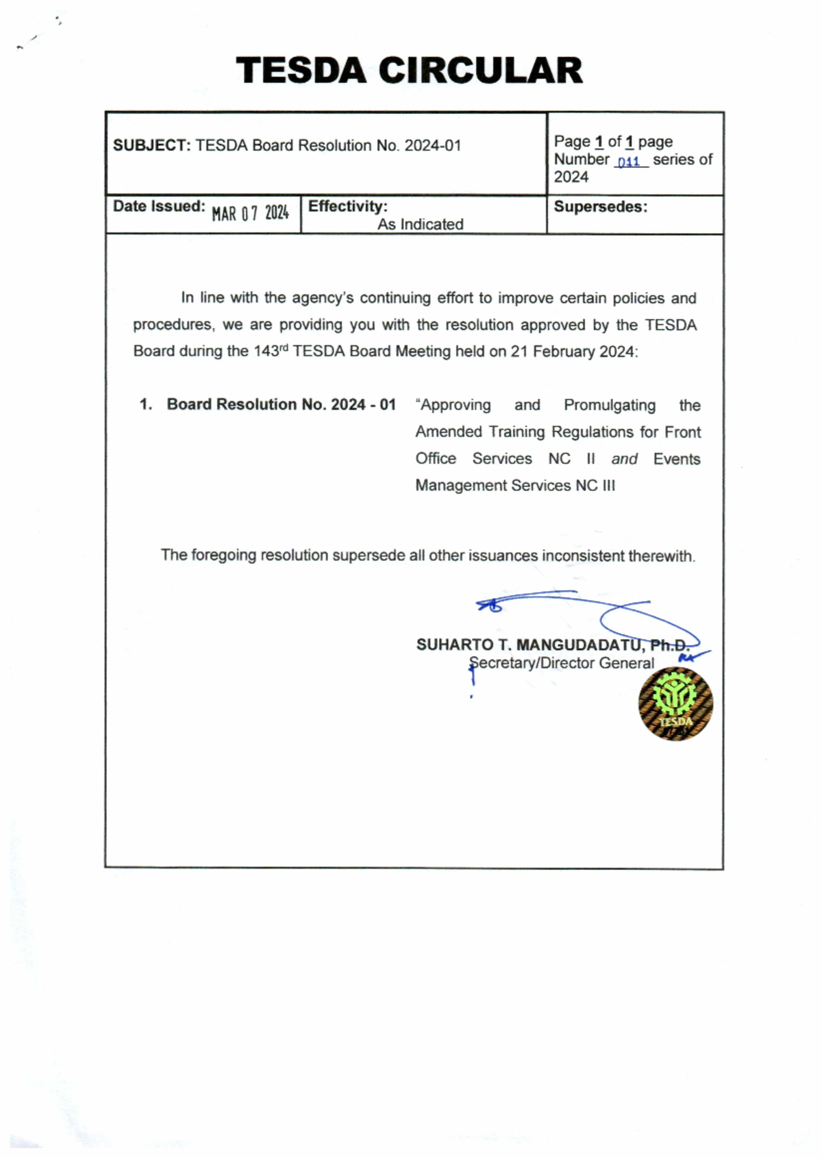 Tesda Circular No. 011-2024 - SUHARTO T. MANGUDADAT , ecretary/Director ...