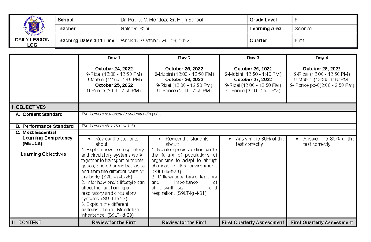 DLL Science 9 W10 - DAILY LESSON LOG School Dr. Pablito V. Mendoza Sr ...