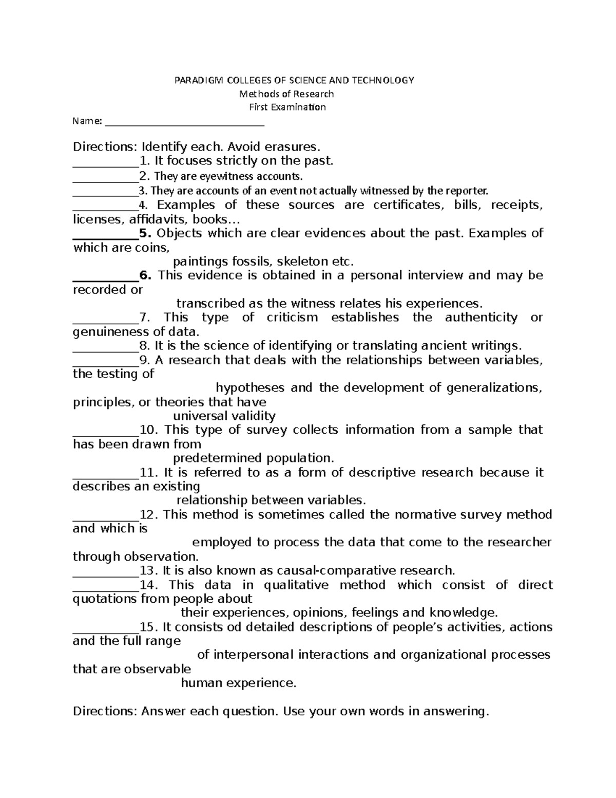 First Examination Methods OF Research - PARADIGM COLLEGES OF SCIENCE ...