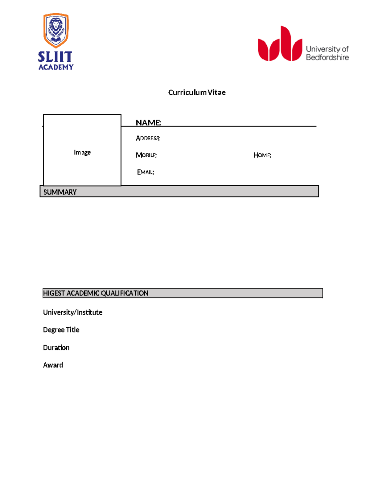 UOB - CV Form - HIGEST ACADEMIC QUALIFICATION University/Institute ...